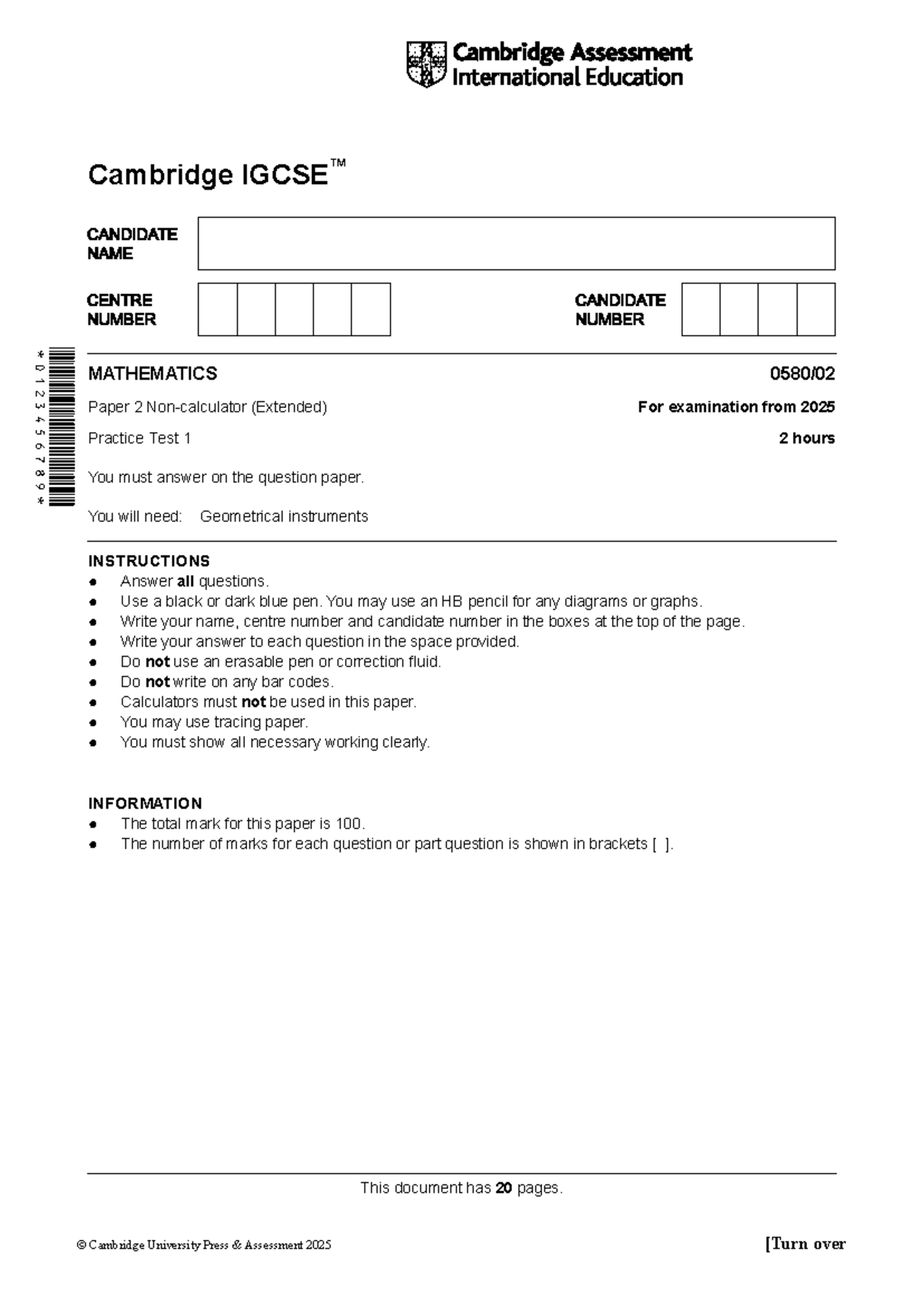 Cambridge IGCSE Math 0580 Paper 2 Non-Calculator Practice Test - Studocu