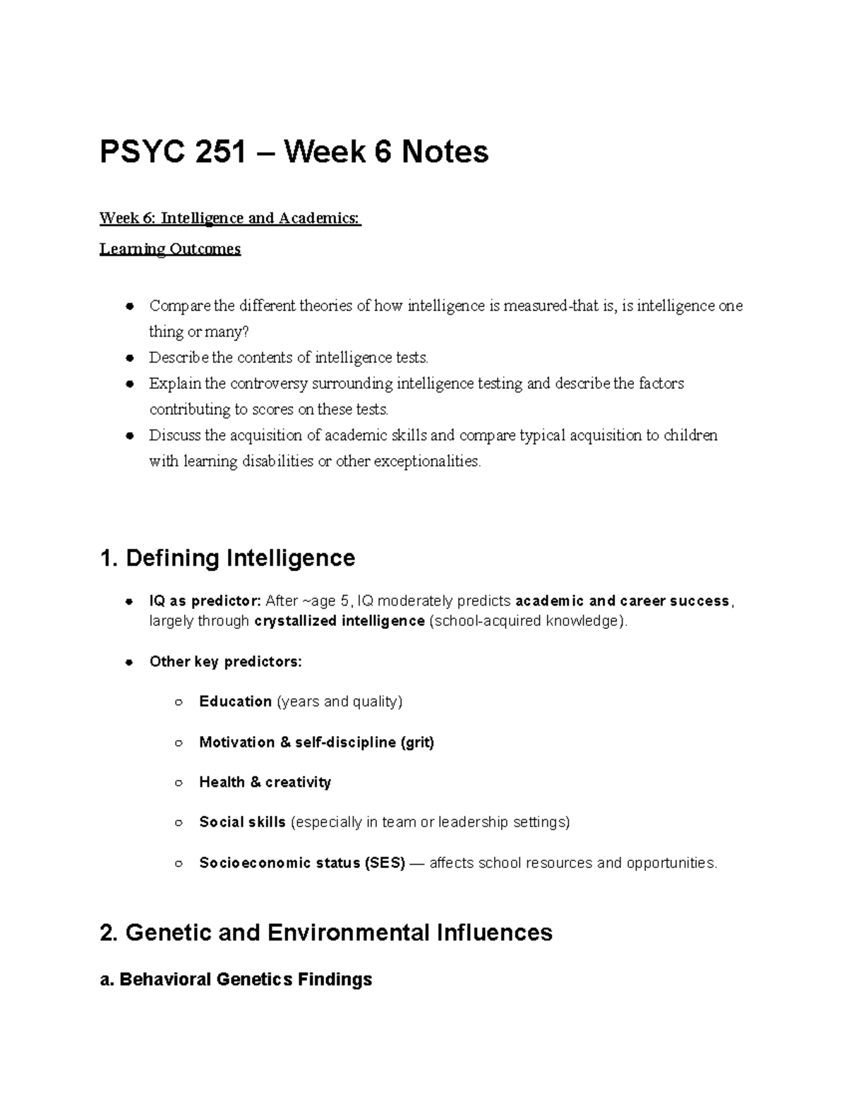 PSYC 251 Week 6 Lecture Notes: Intelligence Theories & Academic Skills ...