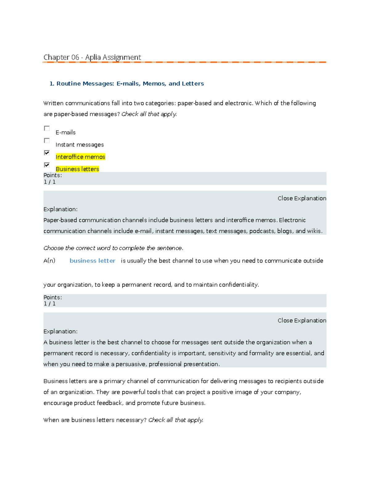 Chapter 06 Aplia Assignment - Chapter 06 - Aplia Assignment 1. Routine Messages: E-mails, Memos ...