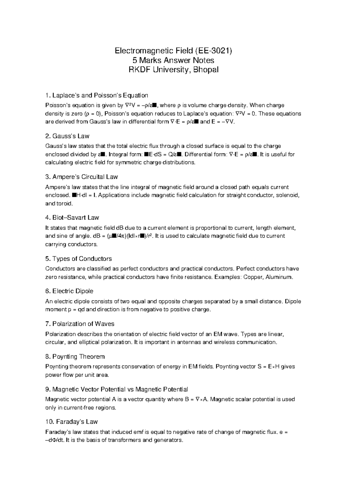 Electromagnetic Field Concepts - 5 Marks Answer Notes (RKDF) - Studocu
