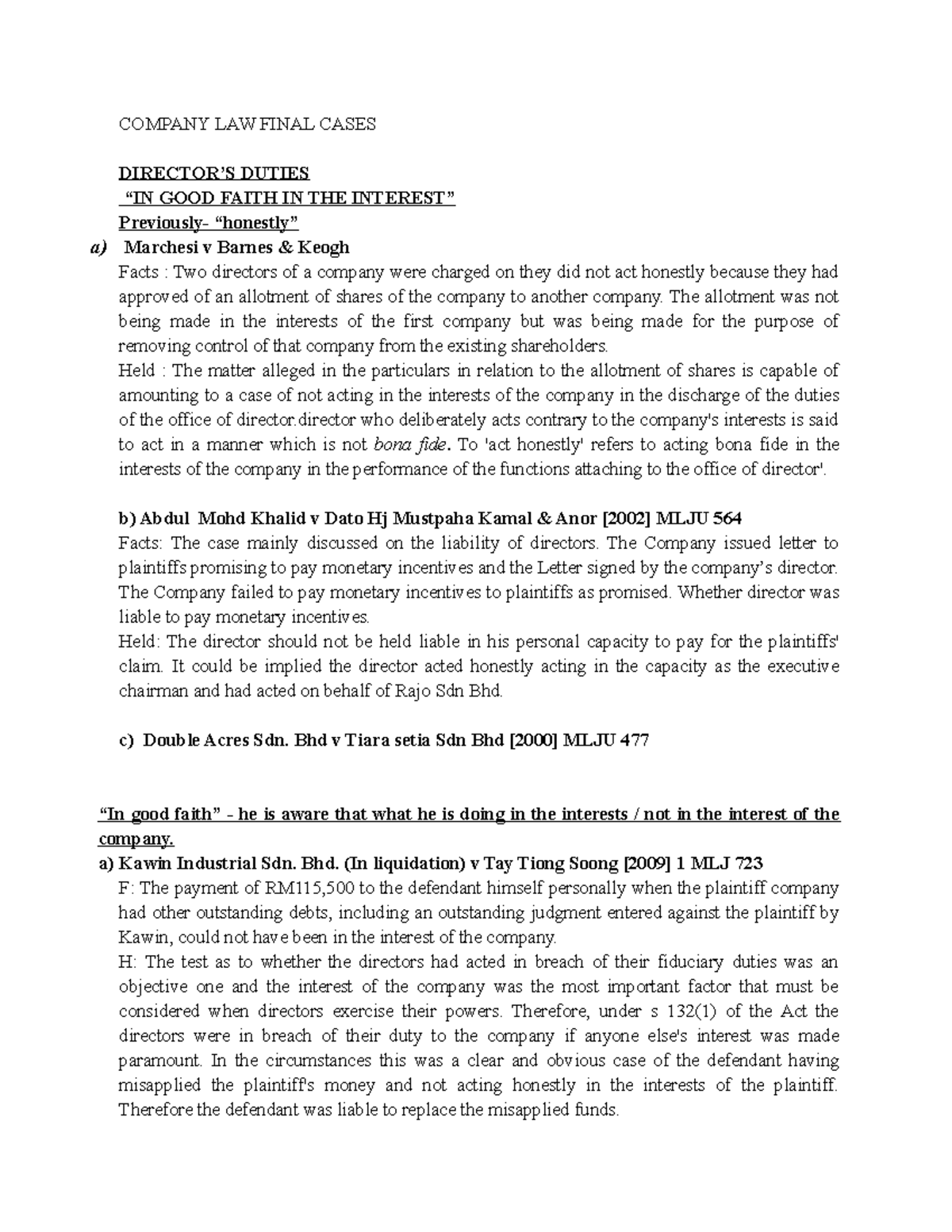 Company LAW Final Case Study: Director's Duties and Fiduciary ...