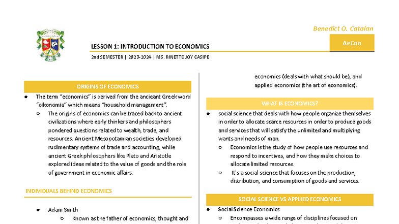 AeCon 2nd SEMESTER LESSON 1: INTRODUCTION TO ECONOMICS REVIEW - Studocu