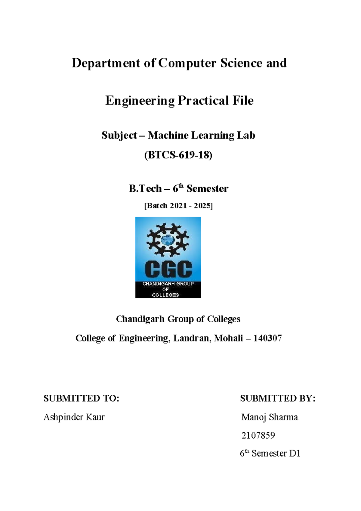 Machine Learning Lab Manual (BTCS-619-18) for B.Tech 6th Sem - Studocu