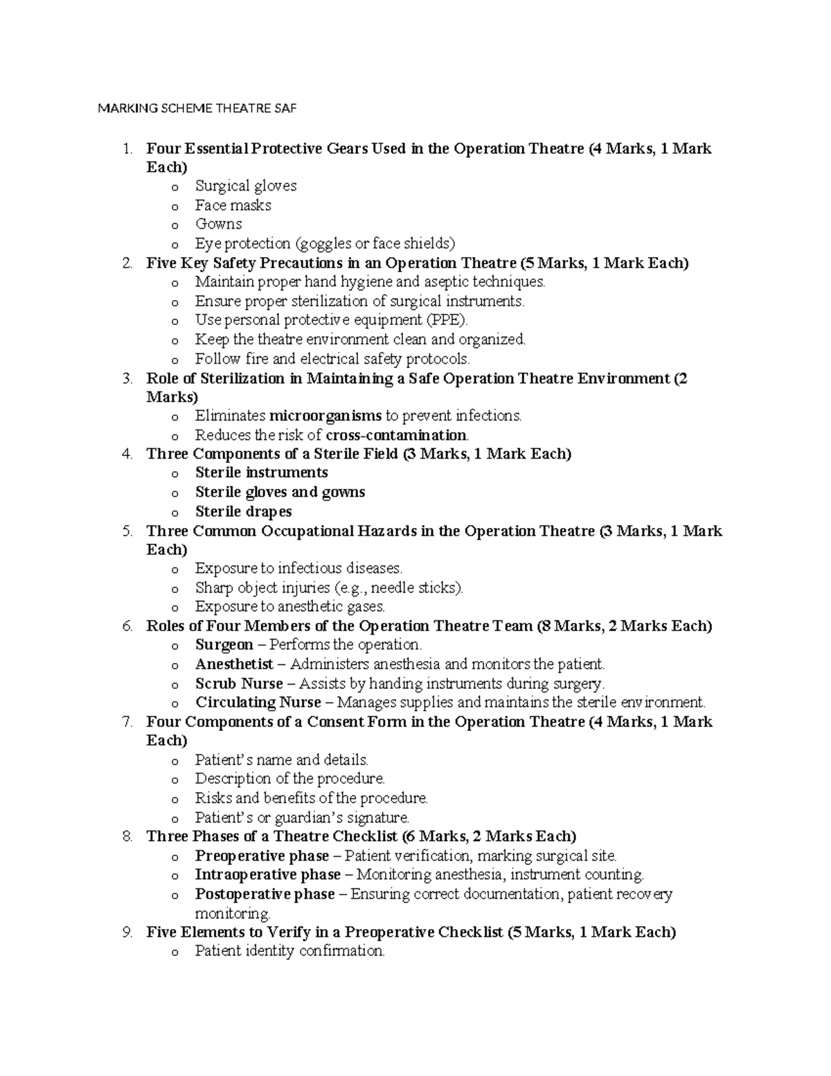 Marking Scheme for Theatre SAF: Essential Safety Protocols and Roles ...