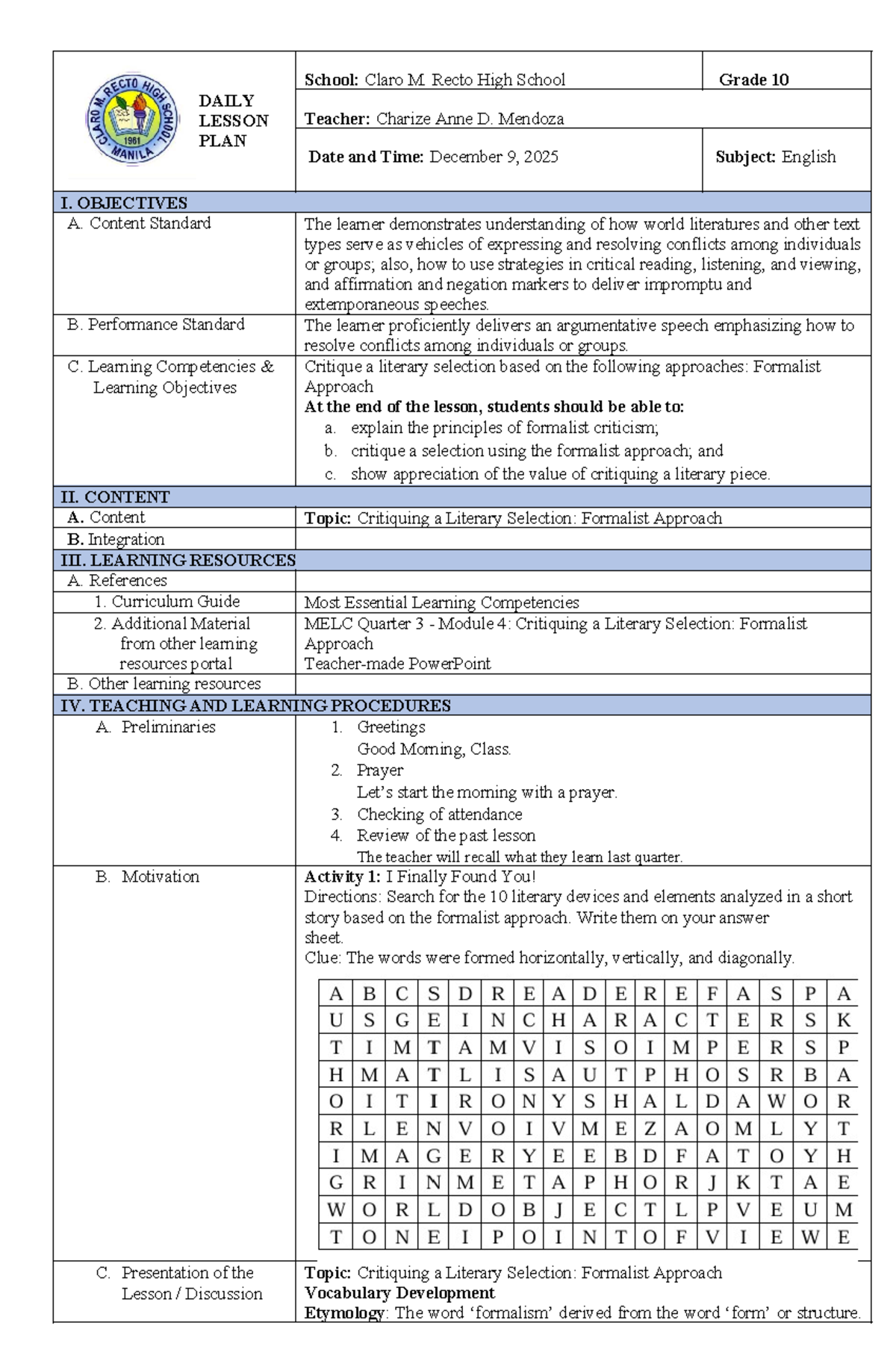 Grade 10 English Lesson Plan: Critiquing Literary Selections (Formalist ...