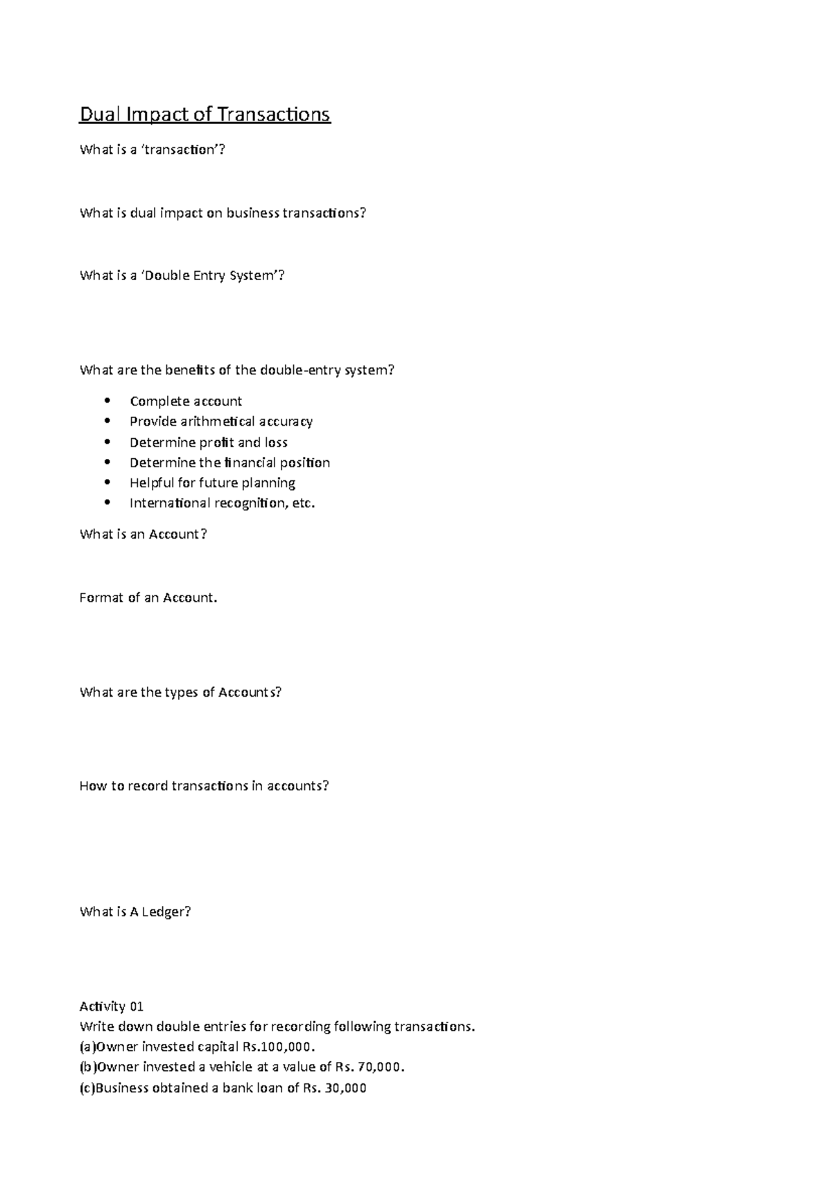 Business studies chapter 6 grade 10 - Dual Impact of Transactions What ...
