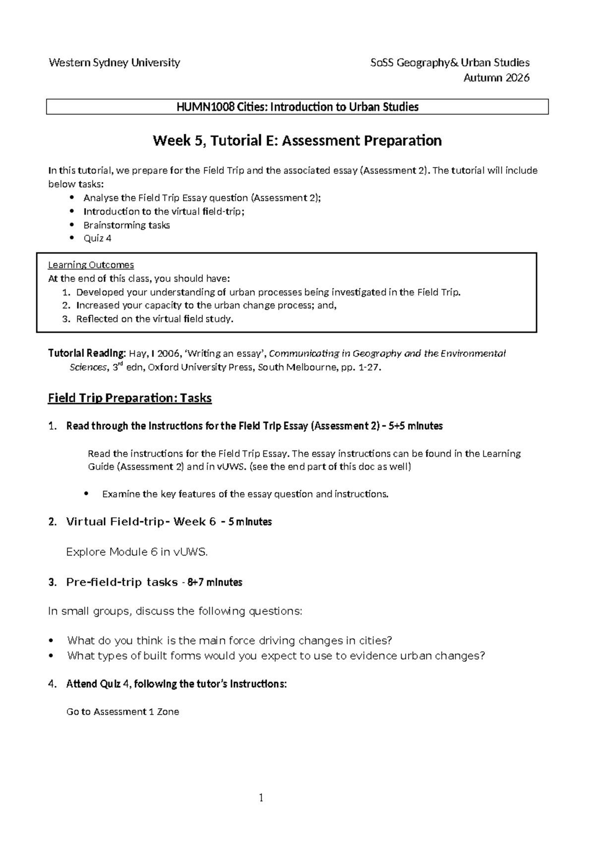 HUMN1008 Urban Studies Autumn 2026: Tutorial E Field Trip Prep - Studocu