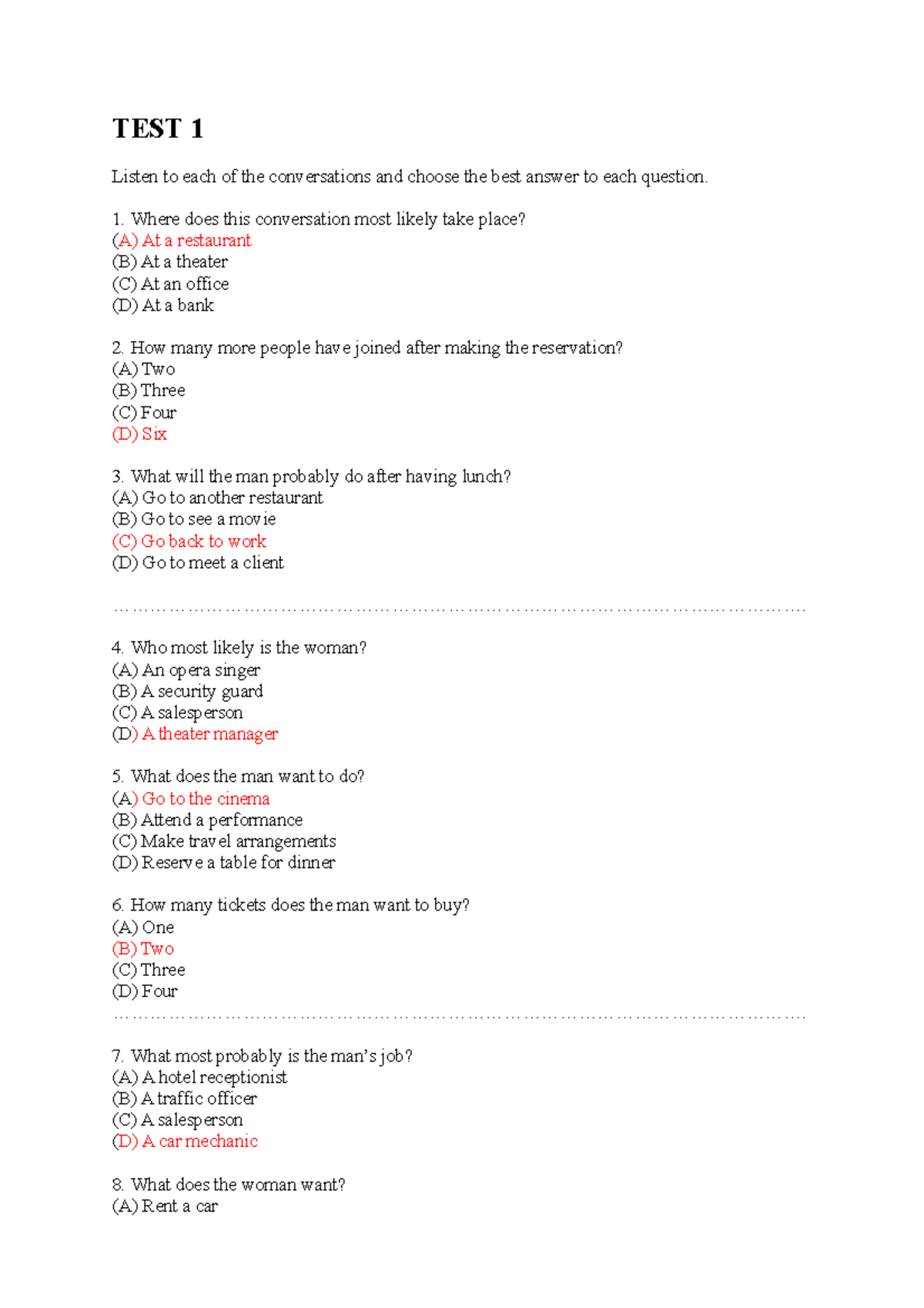 TEST 1 Conversations - testt - TEST 1 Listen to each of the ...