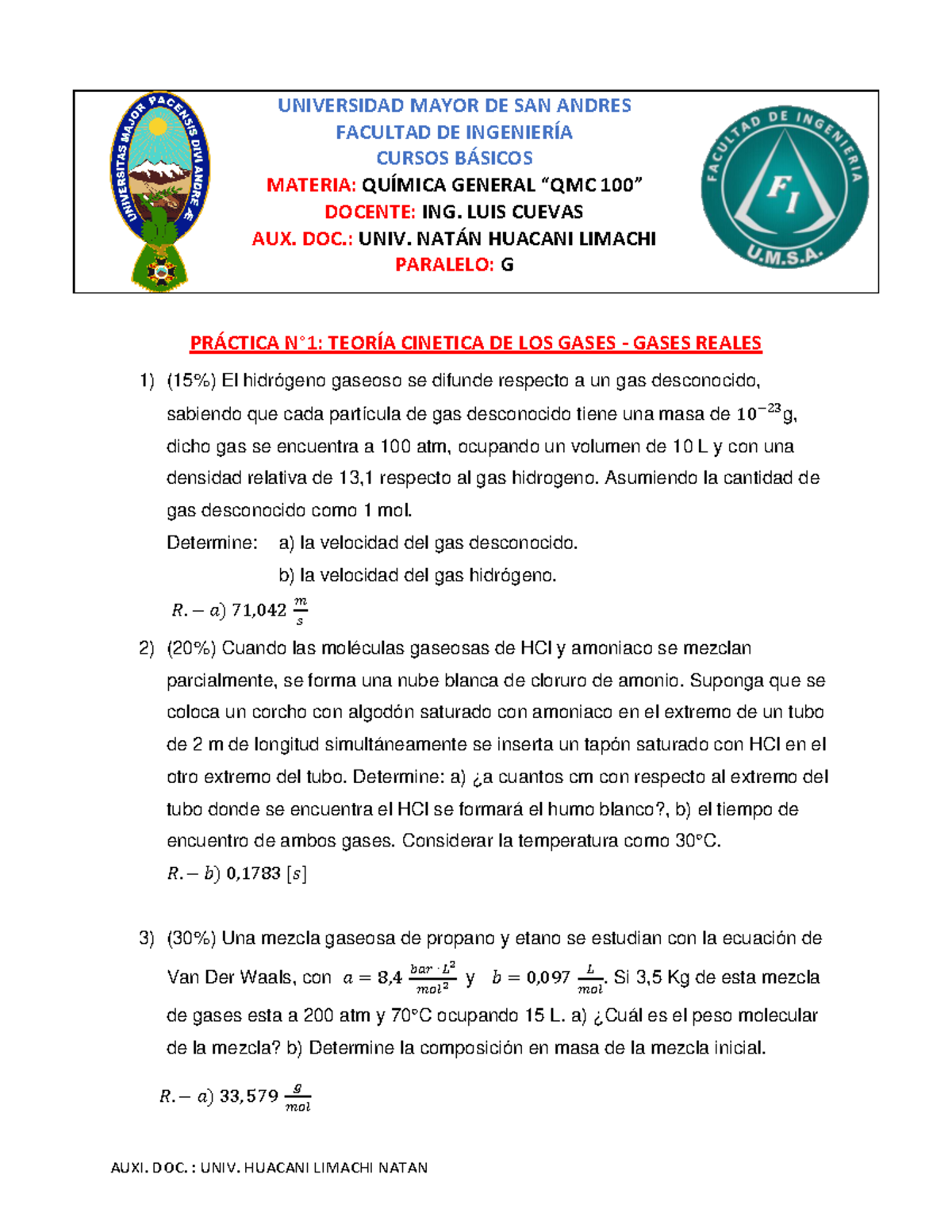 Práctica 1 QMC 100 - Teoría Cinética de Gases Reales - Studocu