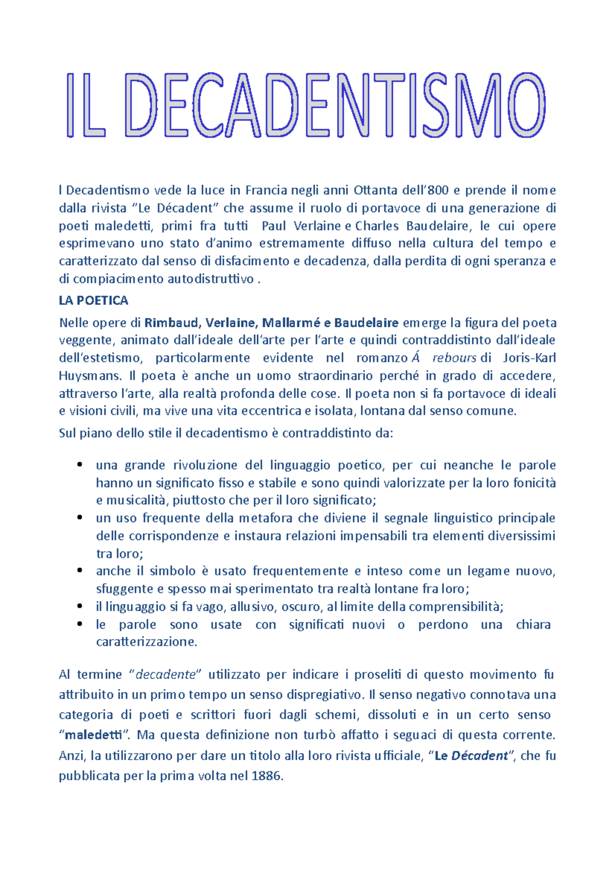 la corrente letteraria del decadentismo - l Decadentismo vede la luce ...