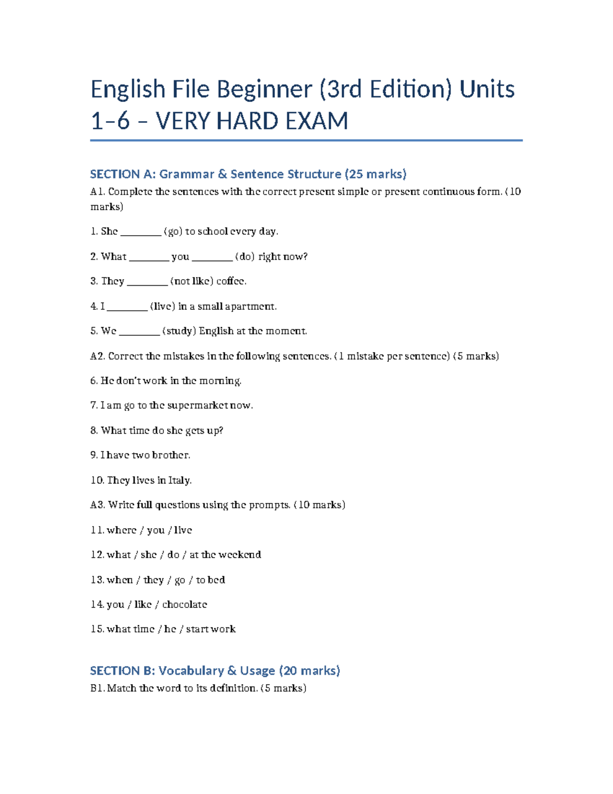English File Beginner (3rd Ed) Very Hard Exam: Grammar & Vocabulary ...