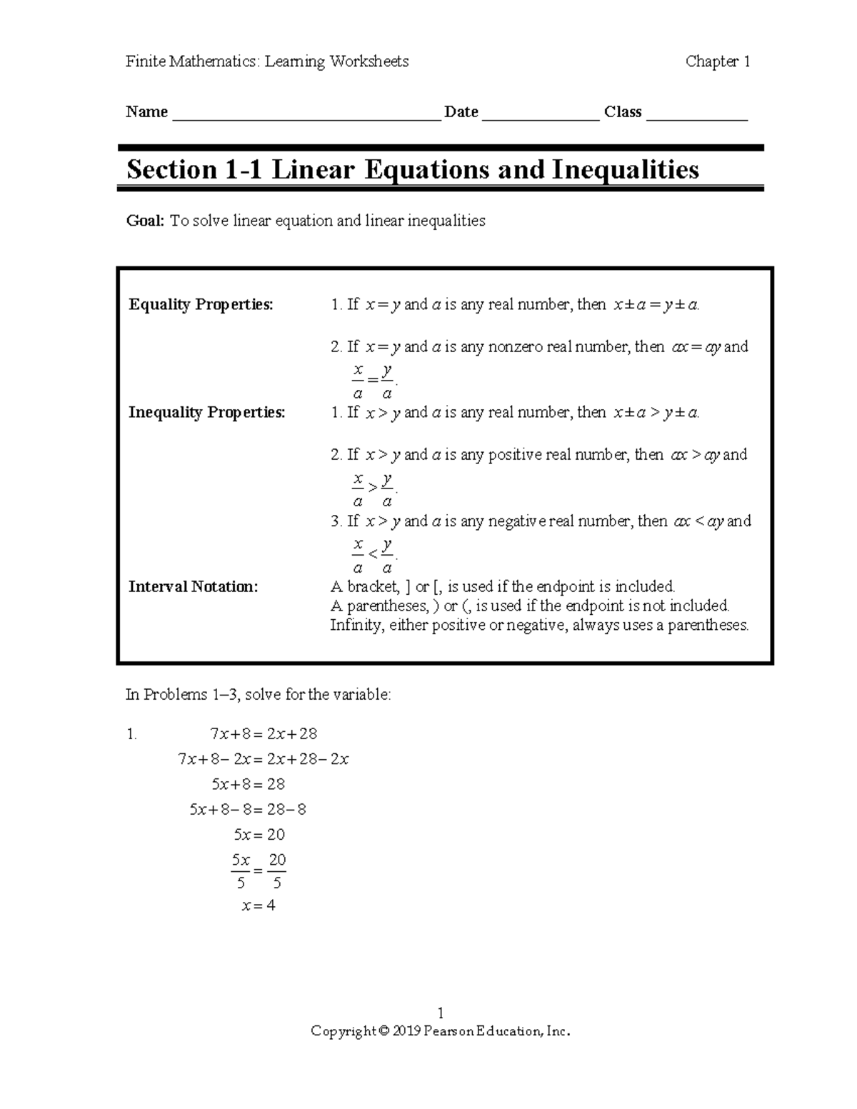Finite Mathematics: Chapter 1 Learning Worksheets Answer Key - Studocu