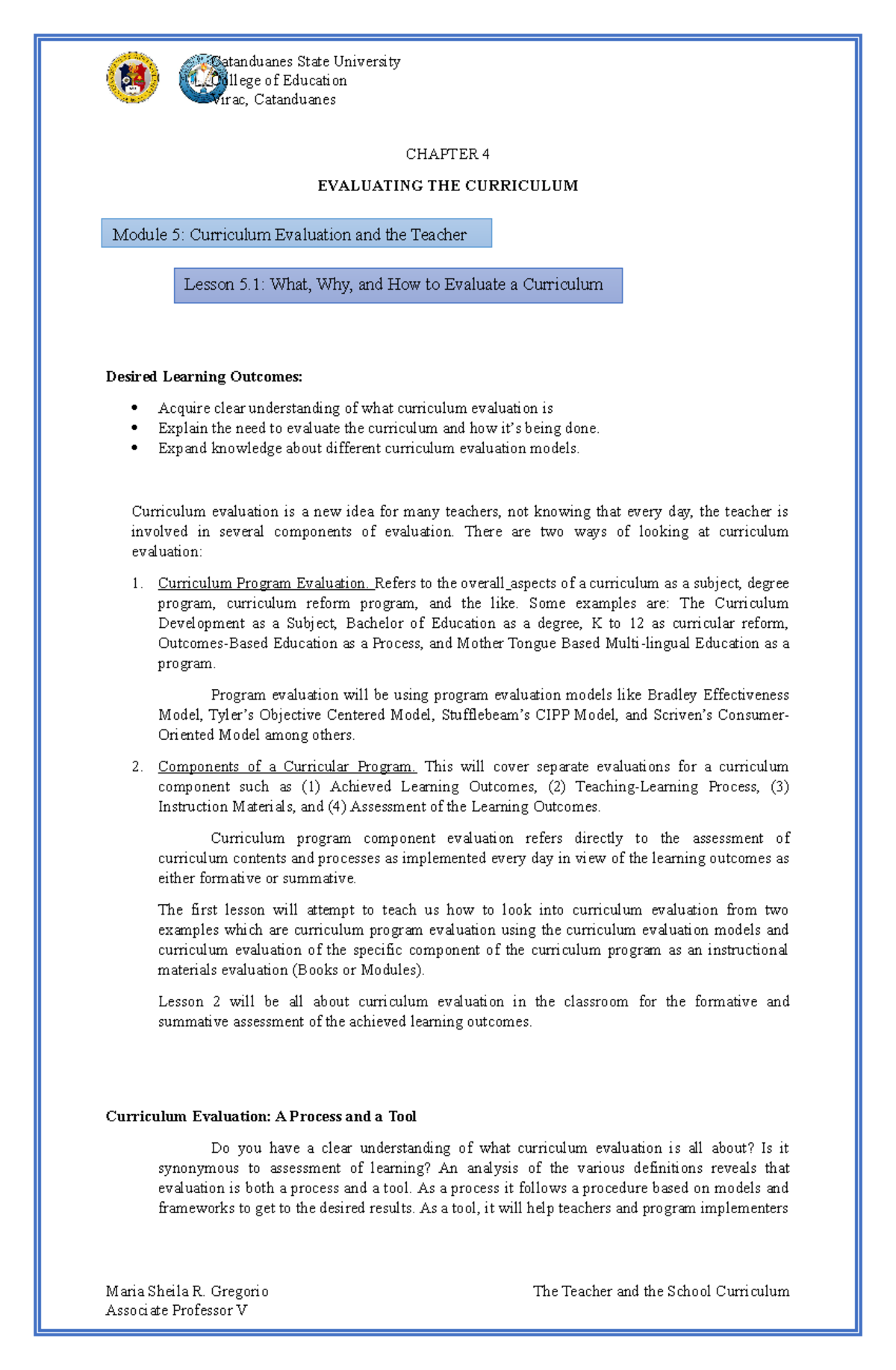 EDUC 205 Chapter 4: Curriculum Evaluation Insights 1st Sem 22-23 - Studocu