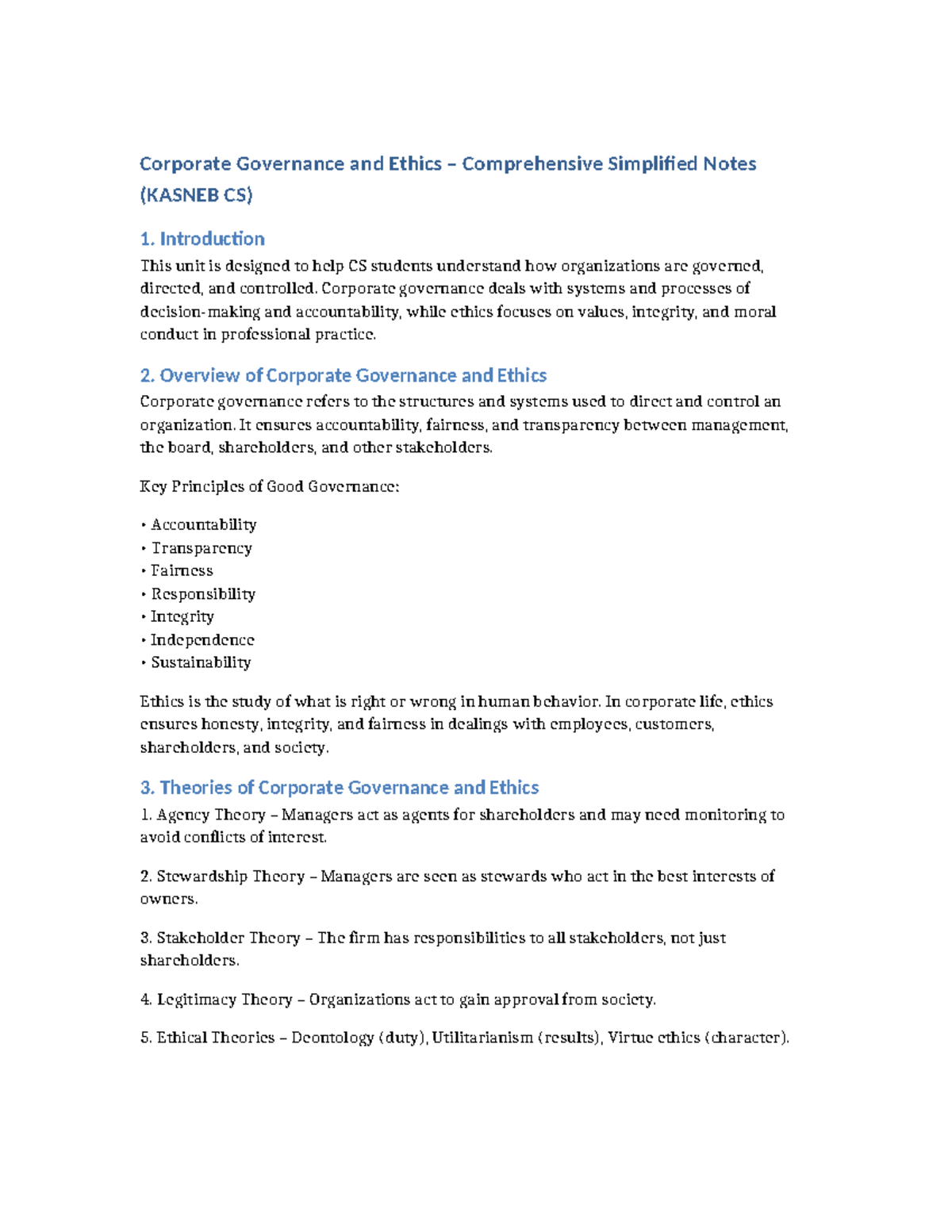 Corporate Governance & Ethics Notes (KASNEB CS) - Studocu