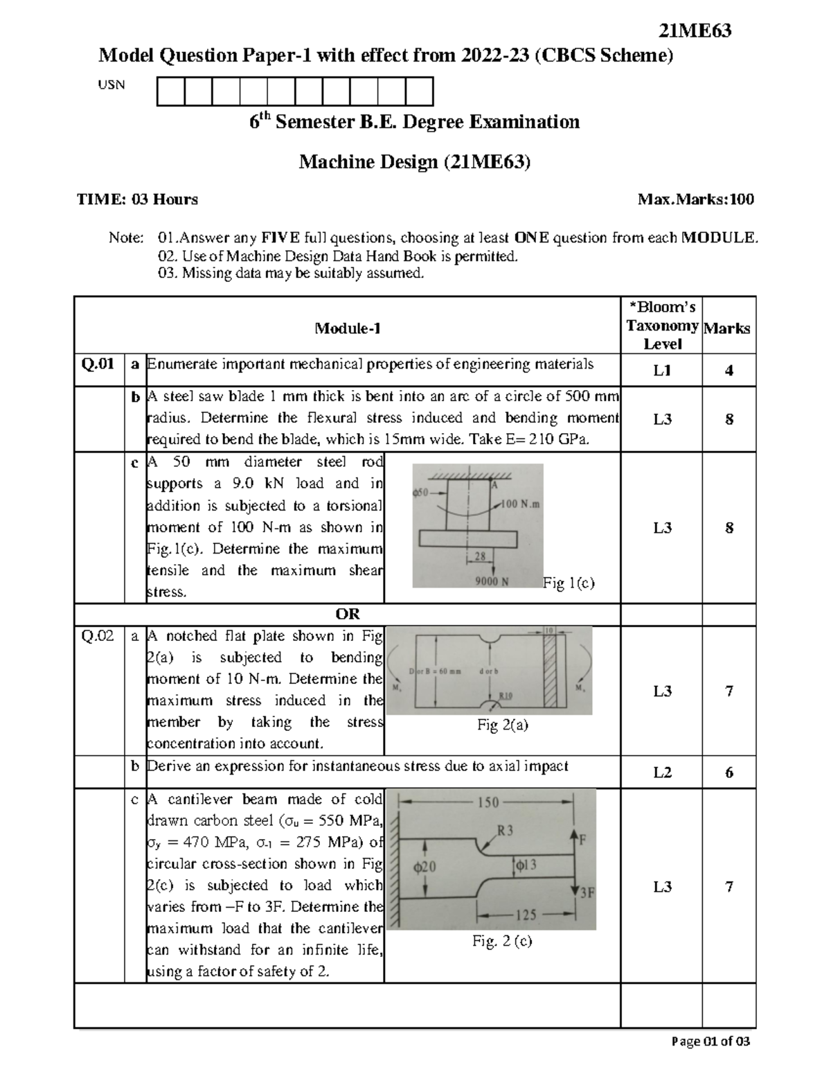 Model Question Paper 1 for Machine Design (21ME63) - Sem 6 Exams - Studocu