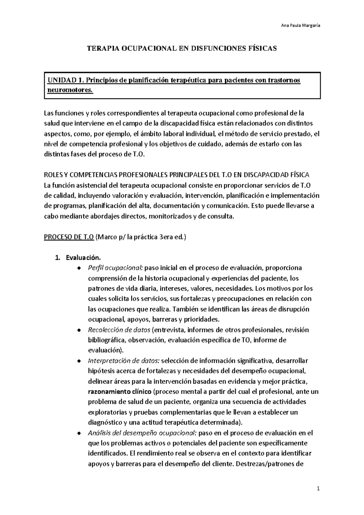 Resumen de Terapia Ocupacional en Disfunciones Físicas - Unidad 1 - Studocu