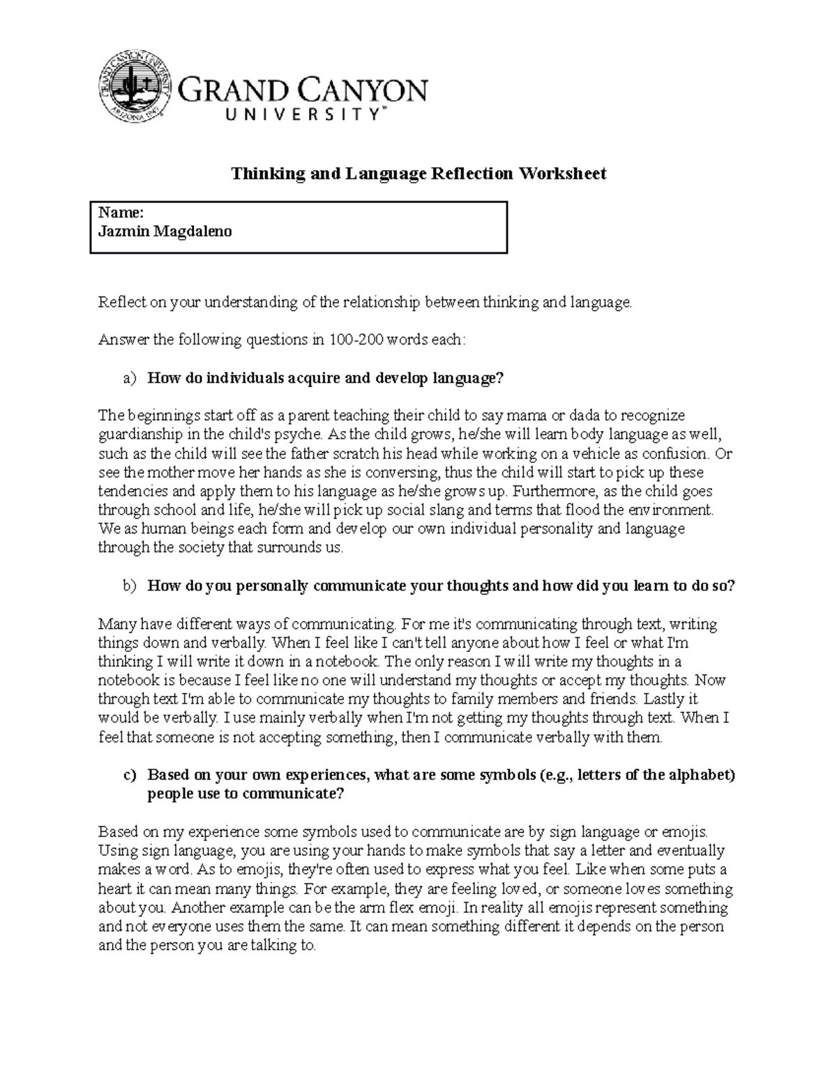 PHI-105 Thinking and Language Reflection Worksheet - Thinking and ...