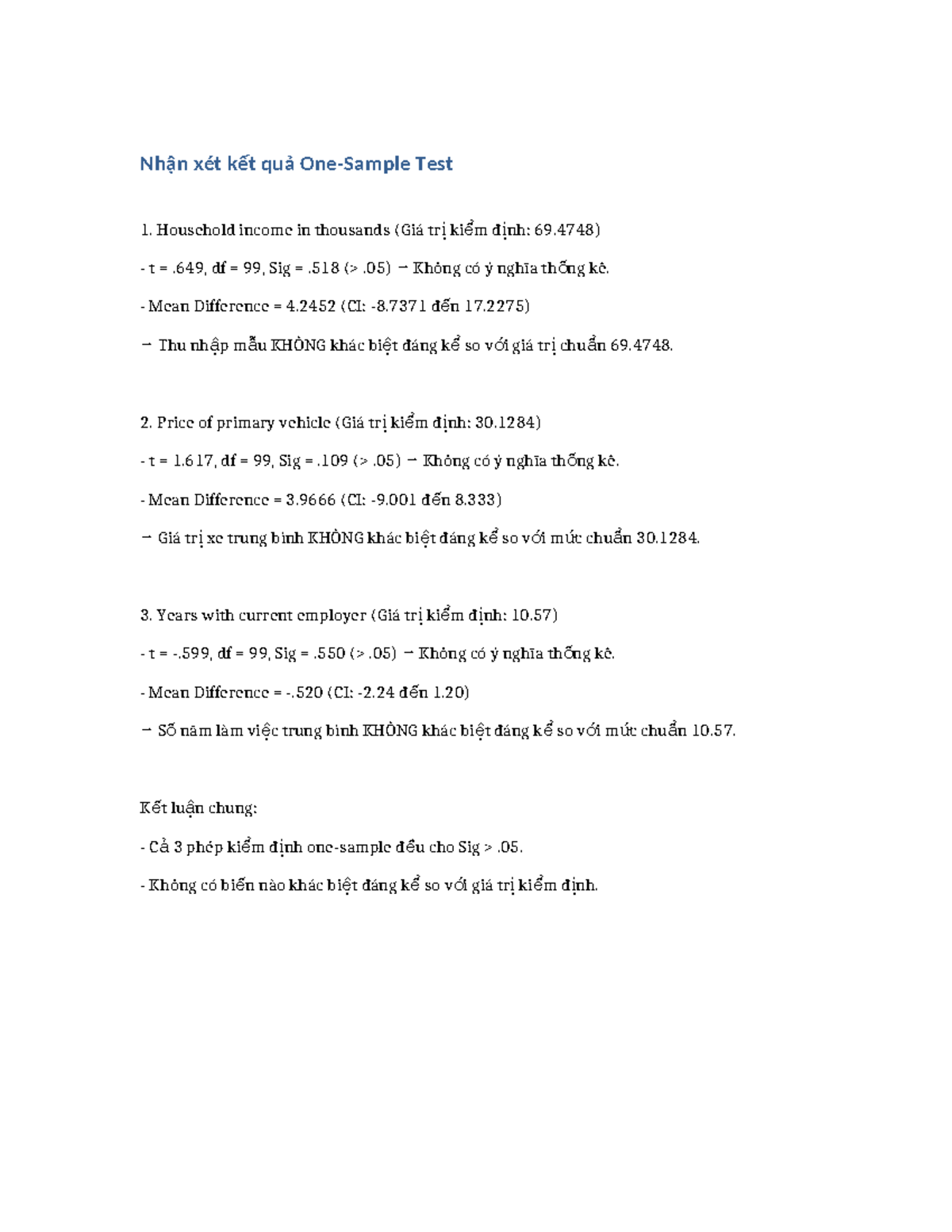 Nhận xét One Sample Test 1: Kết quả và Phân tích Thống kê - Studocu