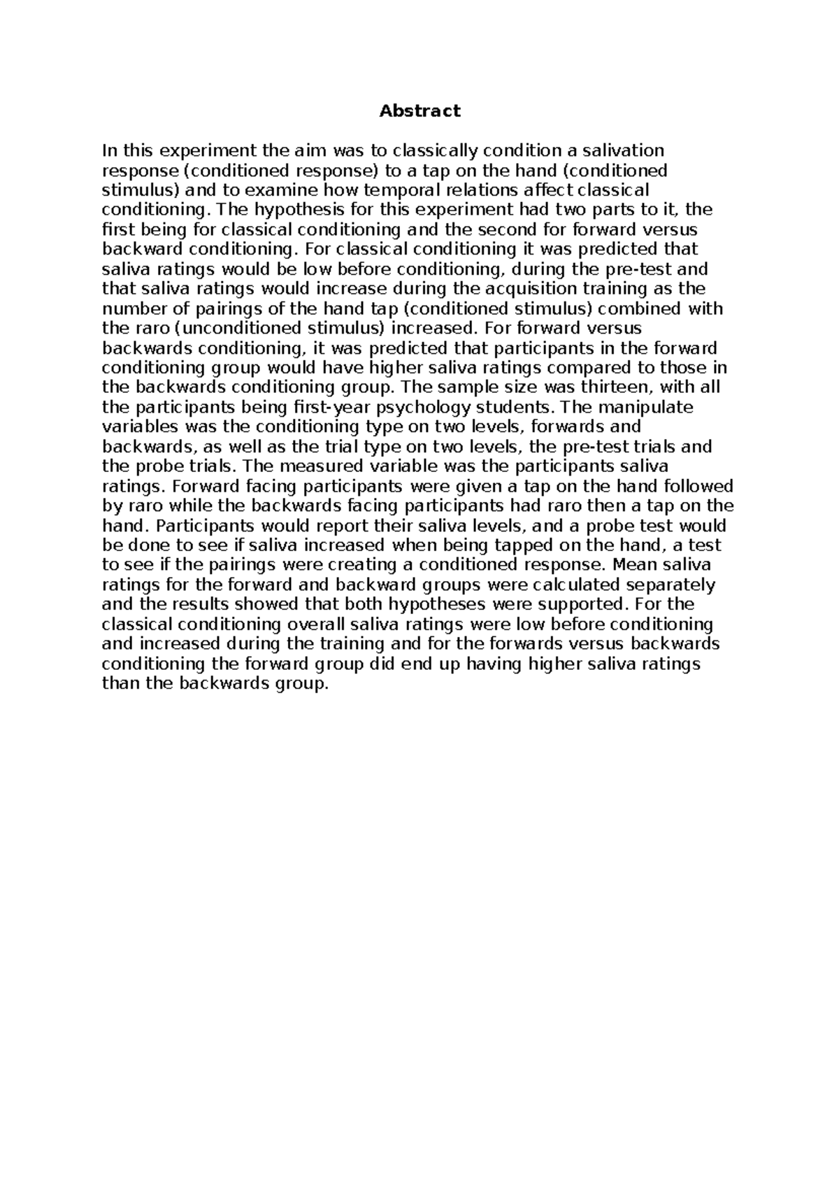 Psychology Experiment: Classical Conditioning of Salivation Response ...