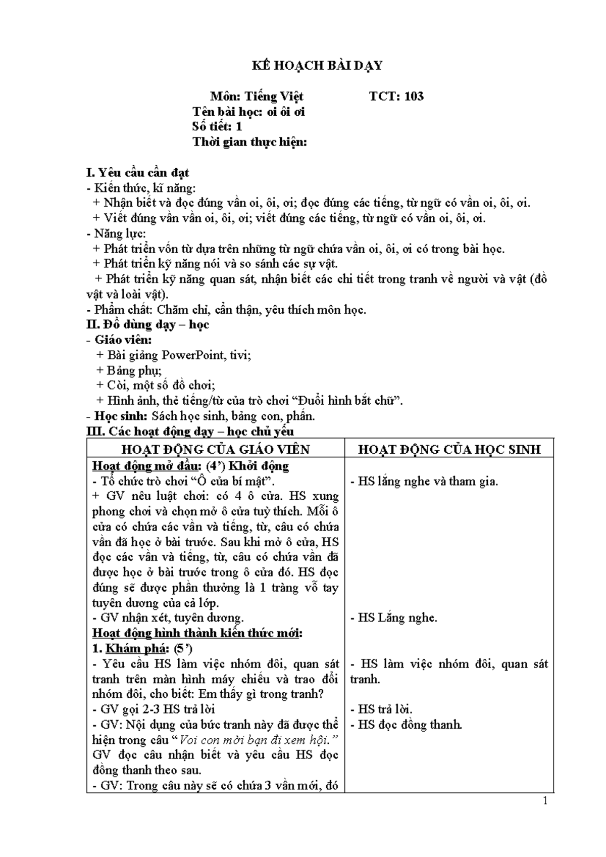 KẾ HOẠCH BÀI DẠY Môn: Tiếng Việt - Vần oi, ôi, ơi (TCT: 103) - Studocu