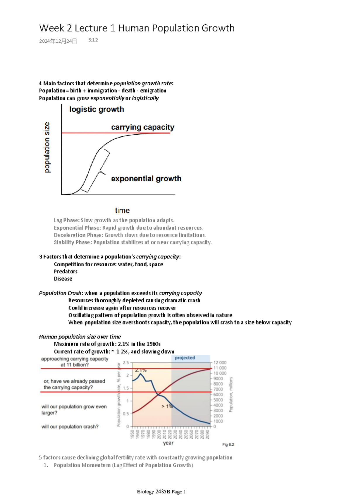 Week 2 Lecture 1 Human Population Growth - 4 Main factors that ...