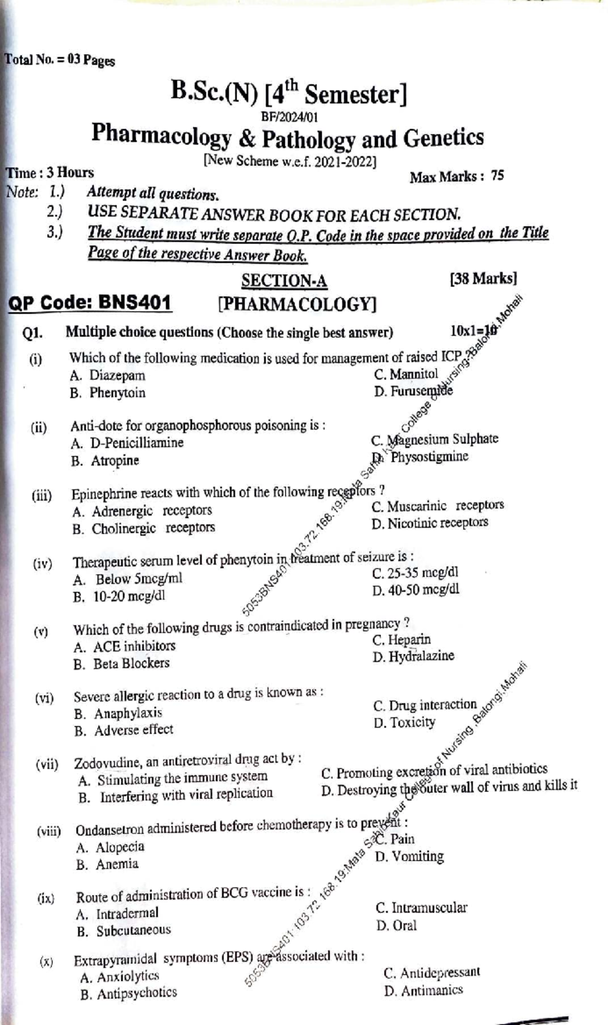 Pharmacology Paper - Pyqs - Total No. 03 Pages B.(N) Pharmacology ...