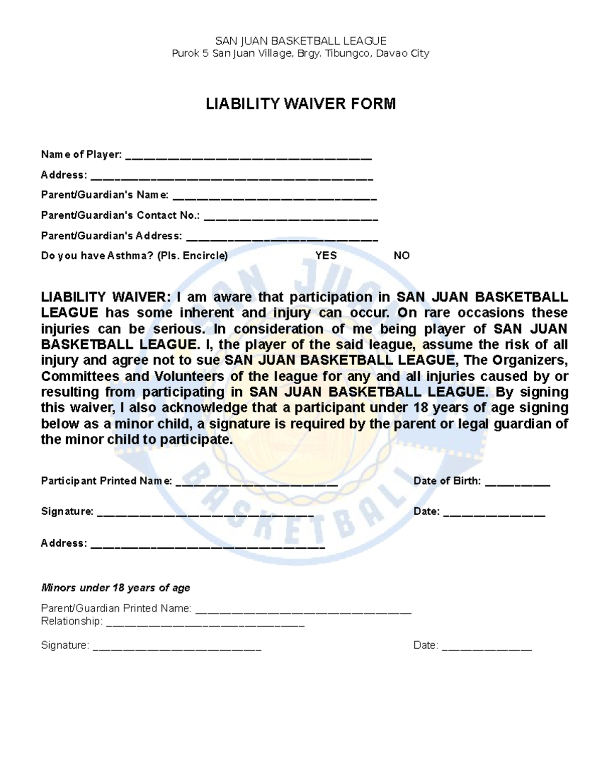 SAN JUAN BASKETBALL LEAGUE Liability Waiver Form - Studocu