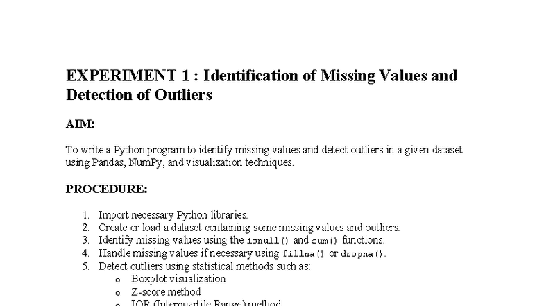Experiment 1: Identifying Missing Values & Outliers in Python (DEV 101) - Studocu
