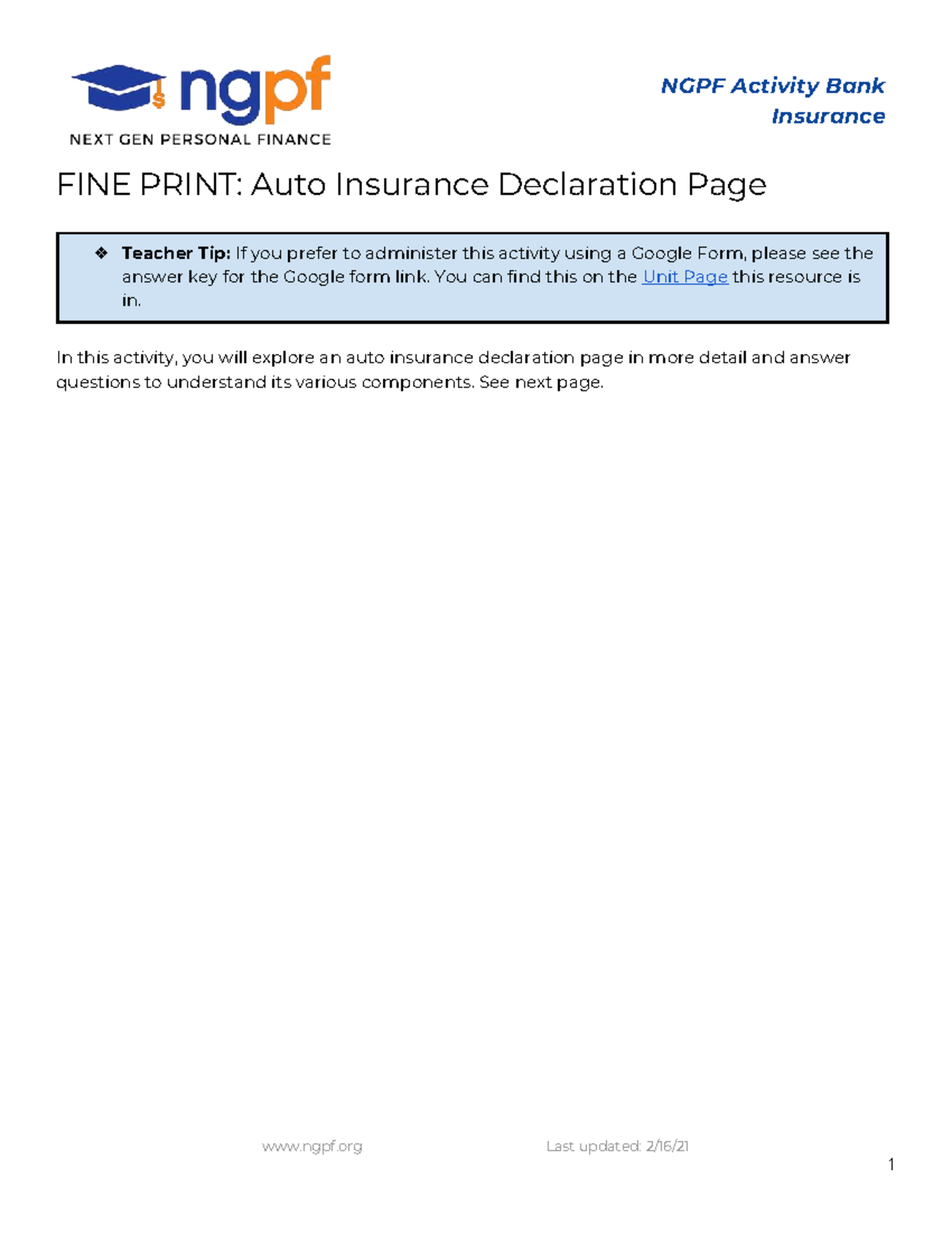 FINE Print: Auto Insurance Declaration Page Analysis Activity - Studocu