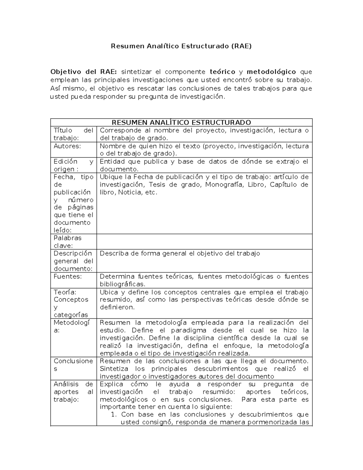 Guía de Resumen Analítico Estructurado (RAE) para Investigaciones - Studocu