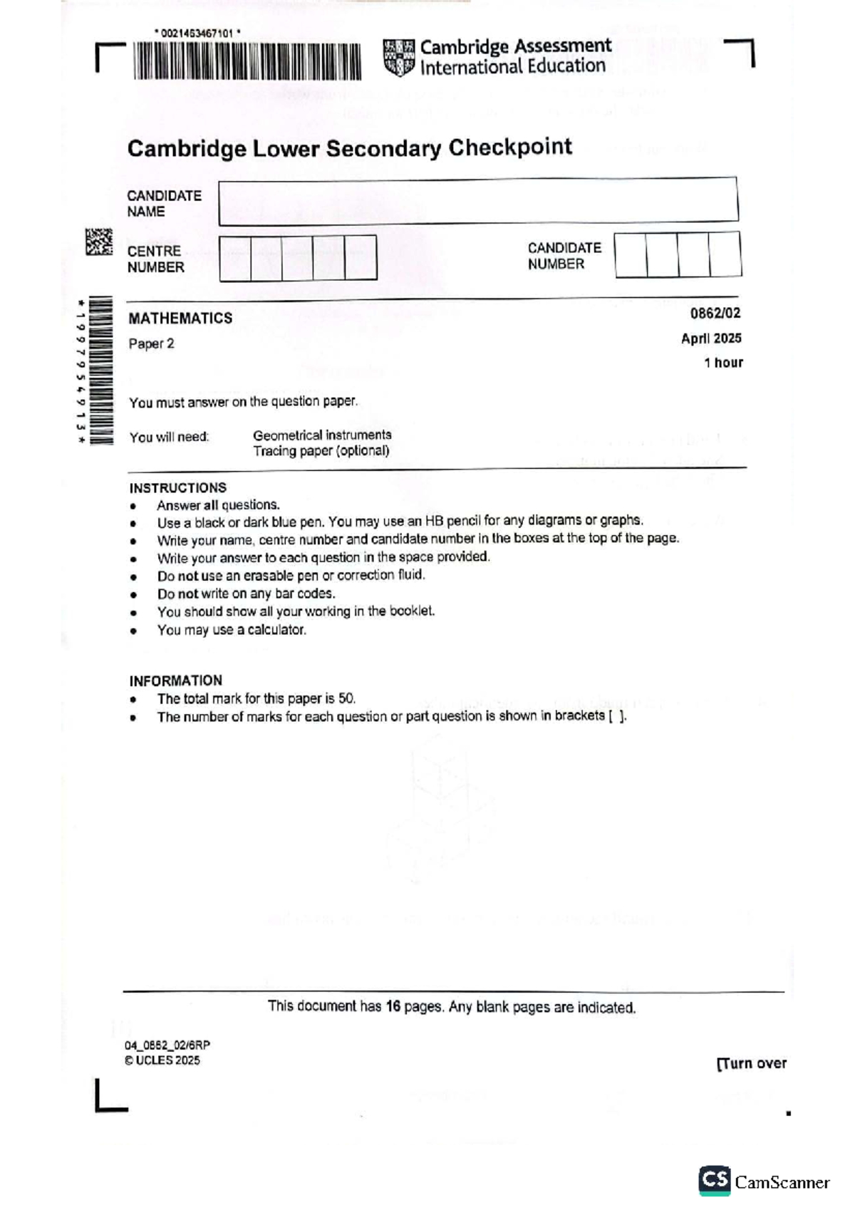 Mathematics Paper 2 (0862) - Cambridge Lower Secondary Checkpoint 2025 - Studocu