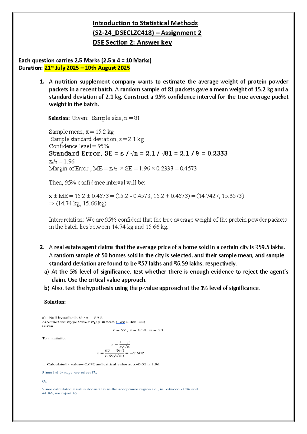 DSE Section 2: Statistical Methods Assignment 2 Answer Key - Studocu