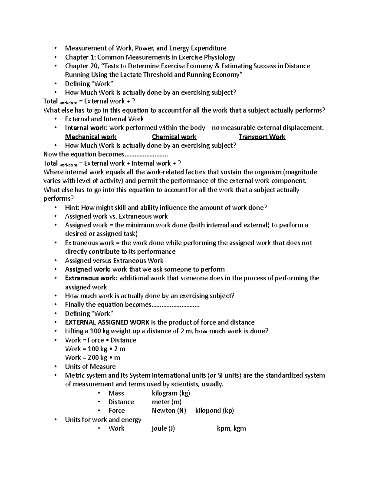 Exercise Physiology Lecture 3: Work, Power, and Energy Measurements ...