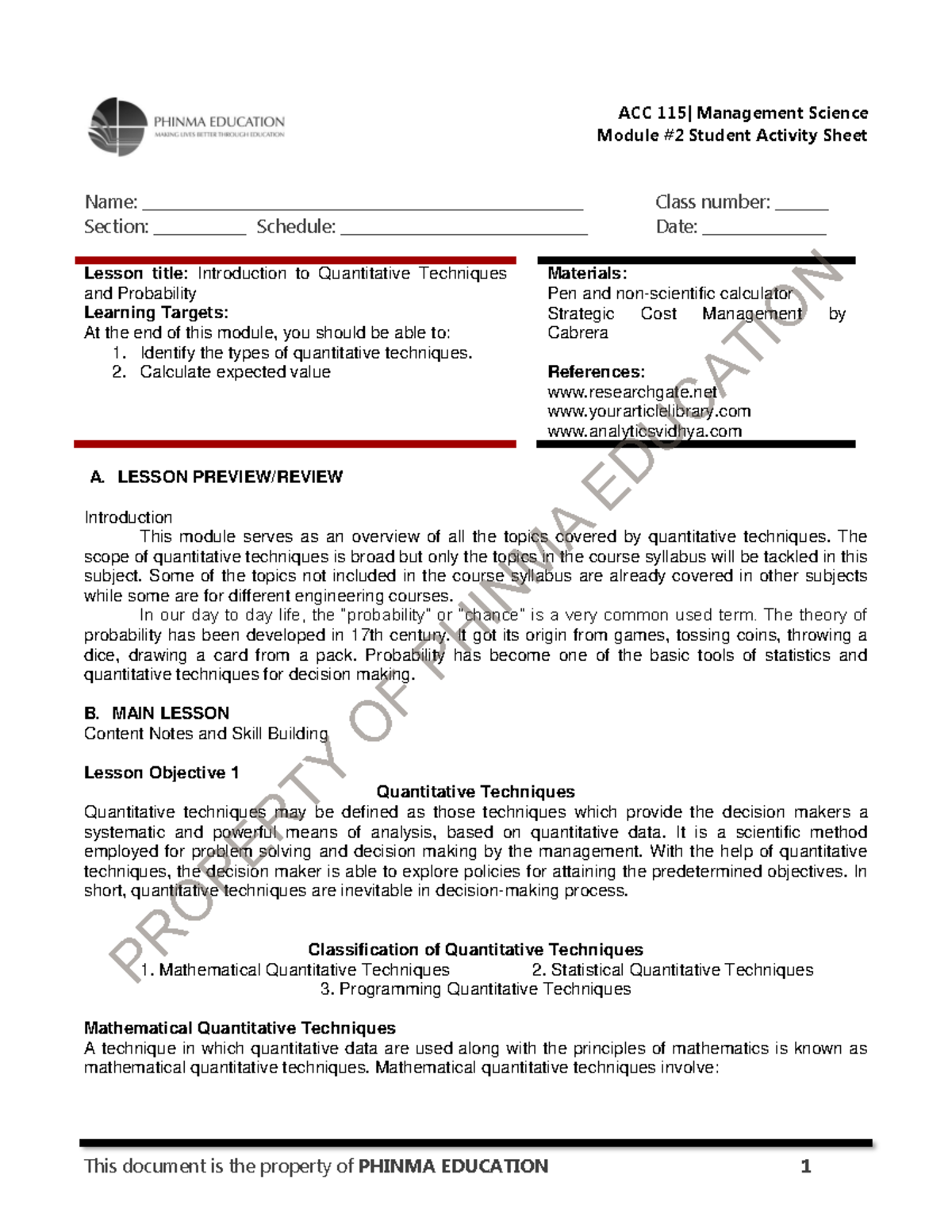 SAS 2 - ACC 115 - MAS - Module #2 Student Activity Sheet Name: - Studocu