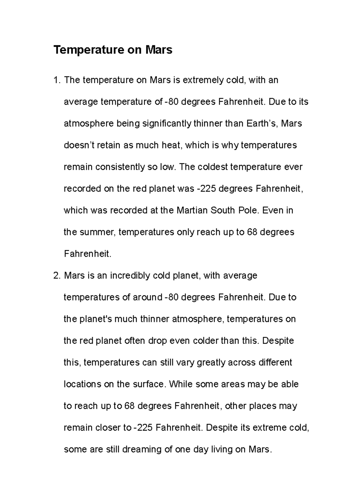 Temperature on Mars - Notes - Temperature on Mars The temperature on ...
