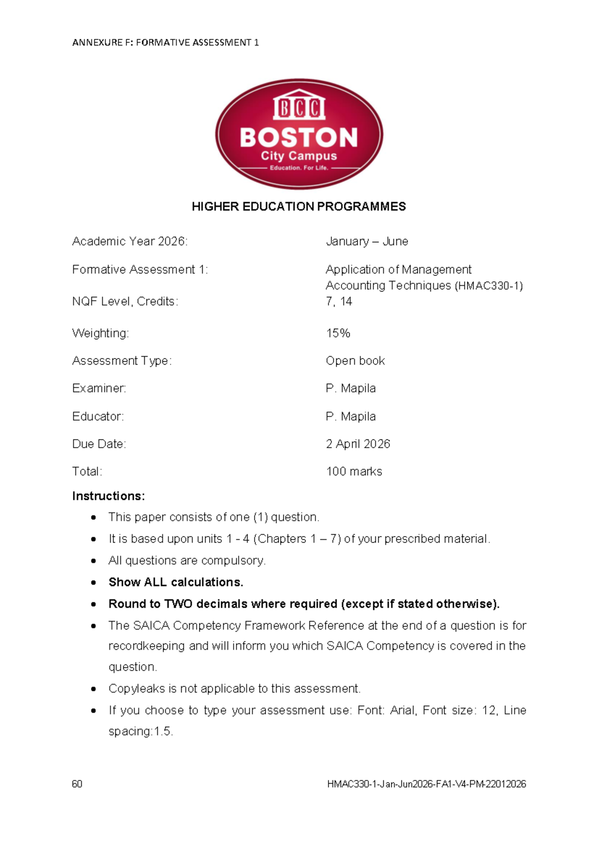HMAC330-1: Formative Assessment 1 - Management Accounting Techniques ...