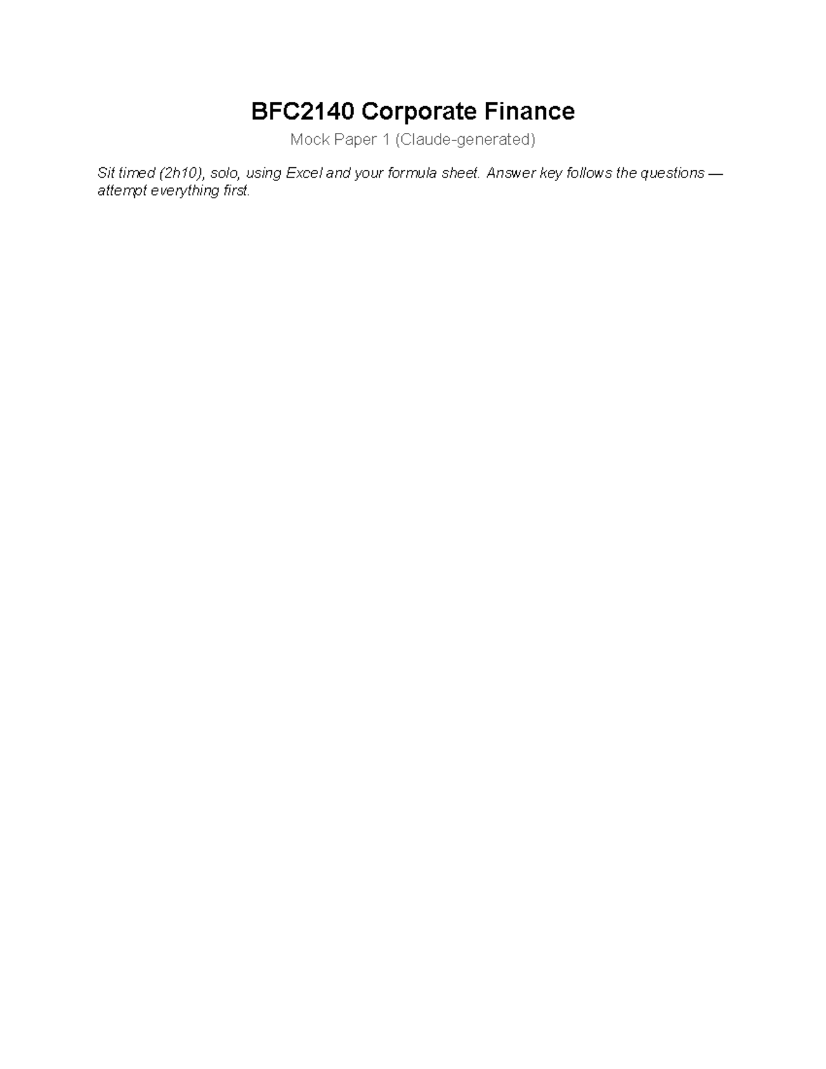 BFC2140 Corporate Finance Mock Exam Paper 1 with Answers - Studocu