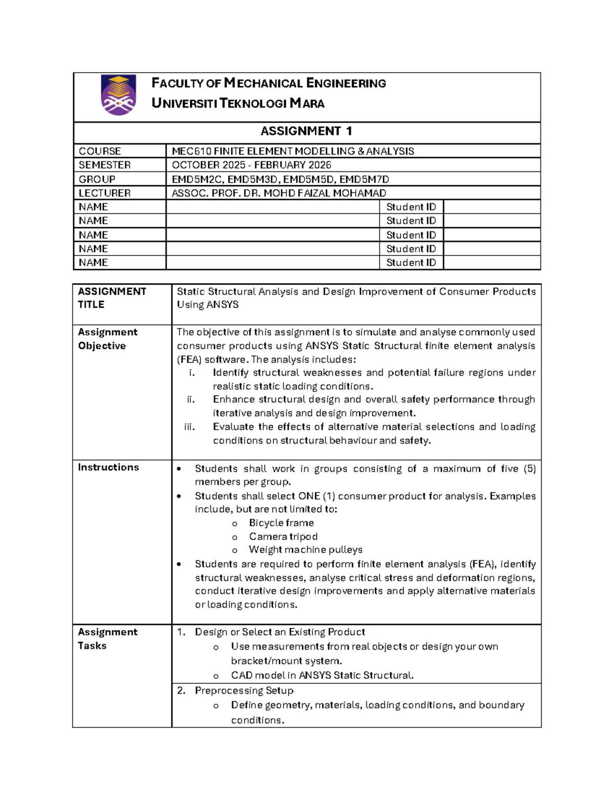 MEC610 Assignment 1: Static Structural Analysis of Consumer Products ...