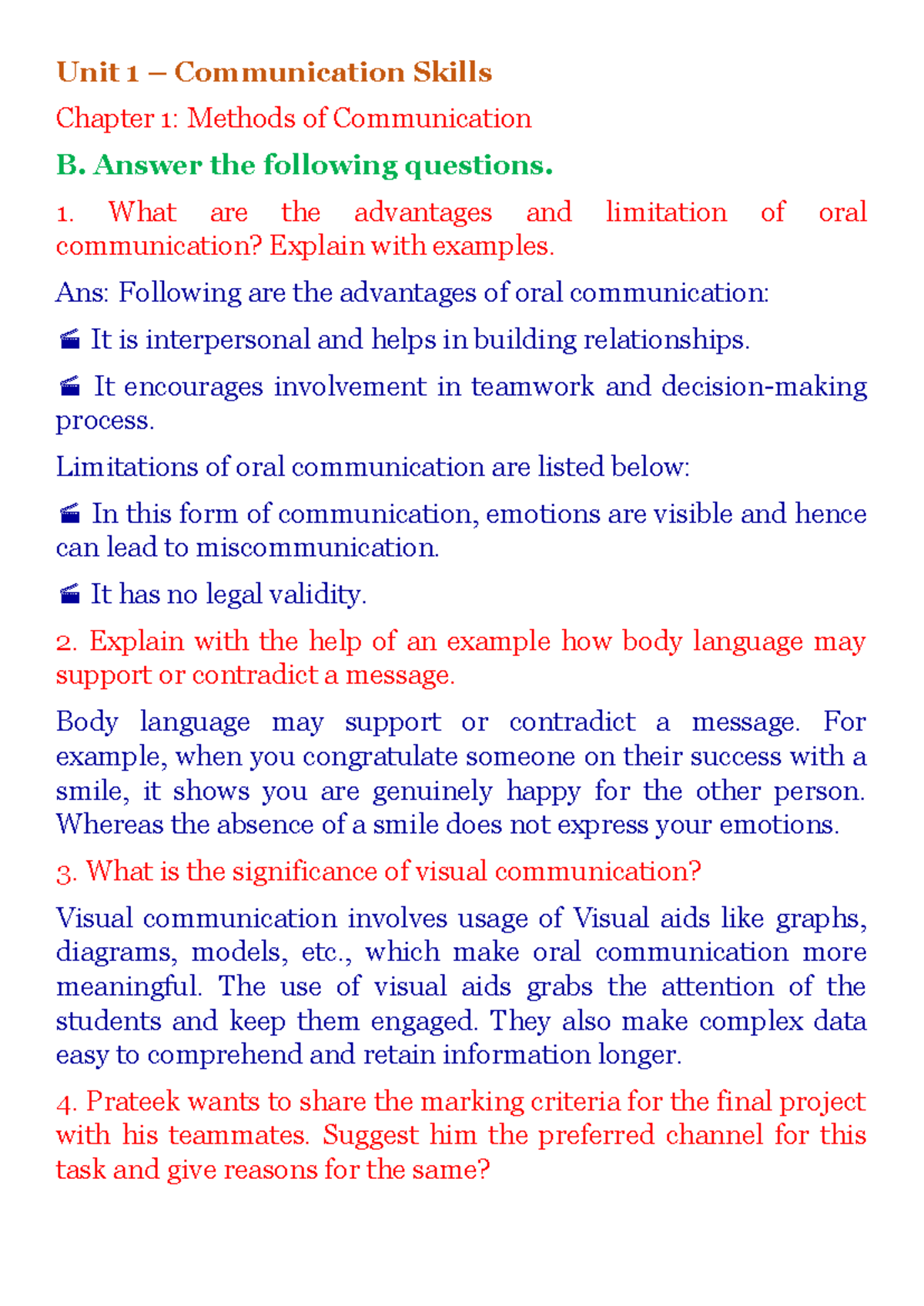 Std 9 Unit 1 - Communication Skills - Unit 1 – Communication Skills Chapter 1: Methods of - Studocu