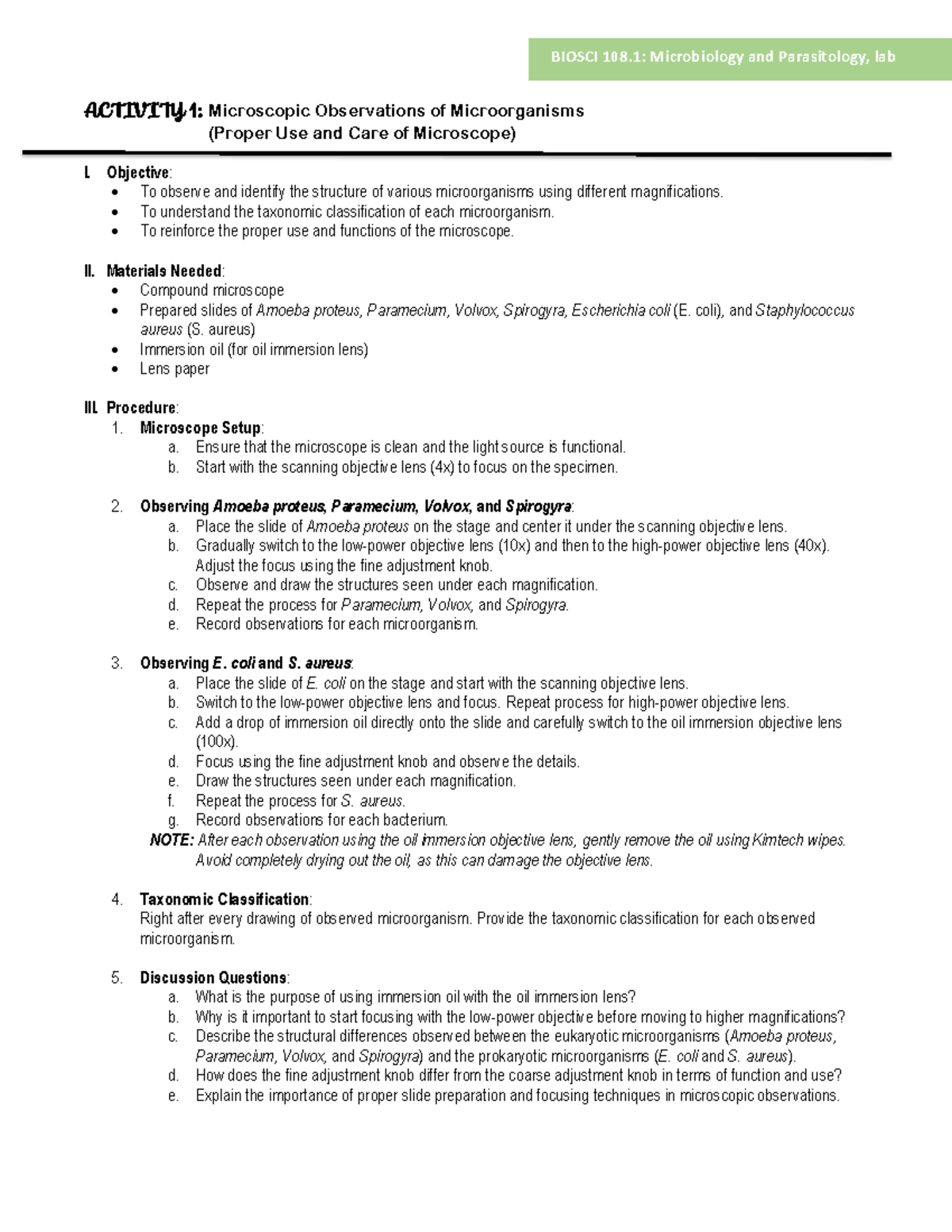 BIOSCI 108 Lab: Microscopic Observations of Microorganisms Activity 1 ...