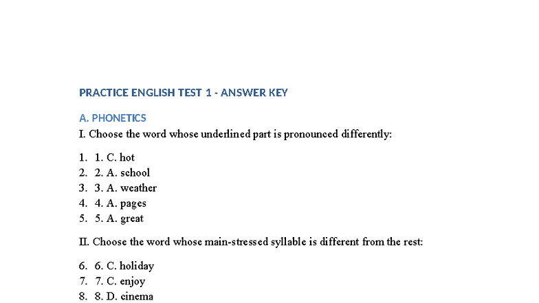 Practice English Test 1 Answer Key: Phonetics, Vocabulary, Reading ...