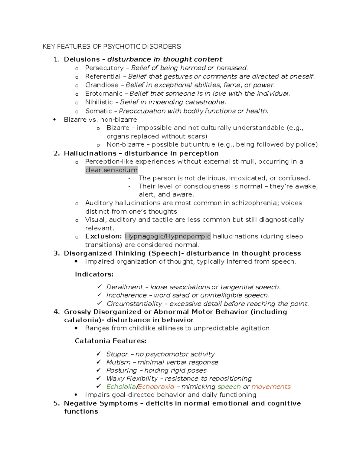 KEY FEATURES OF PSYCHOTIC DISORDERS: A REPORT GUIDE (PSY 101) - Studocu
