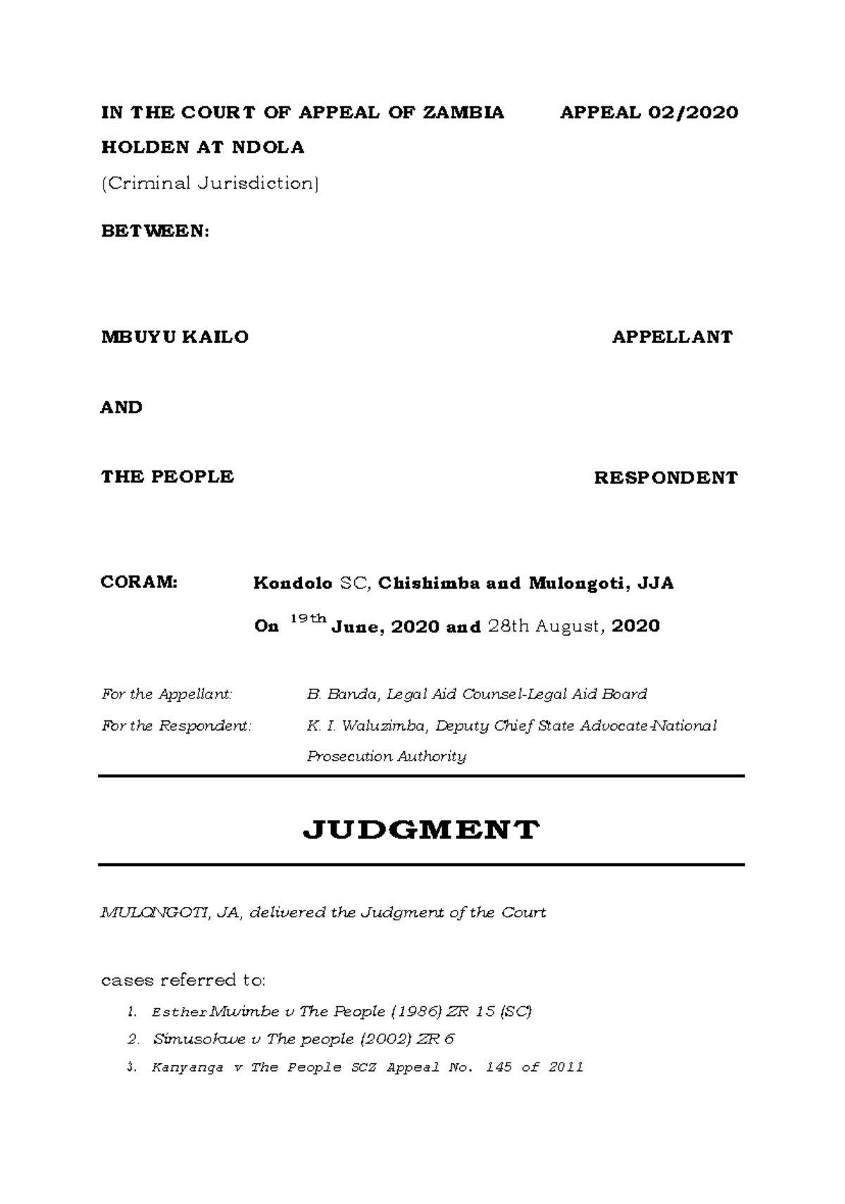 App 02 2020 Mbuyu Kailo v The People: Appeal Judgment Analysis - Studocu