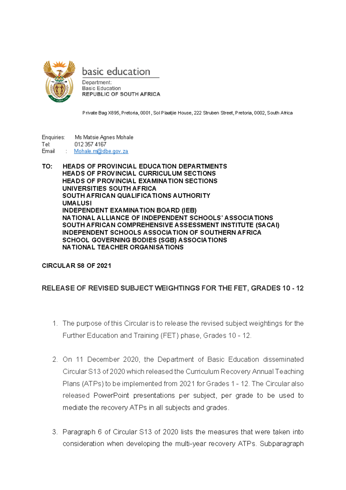 Revised Subject Weightings for FET Grades 10-12: Circular S8 of 2021 - Studocu