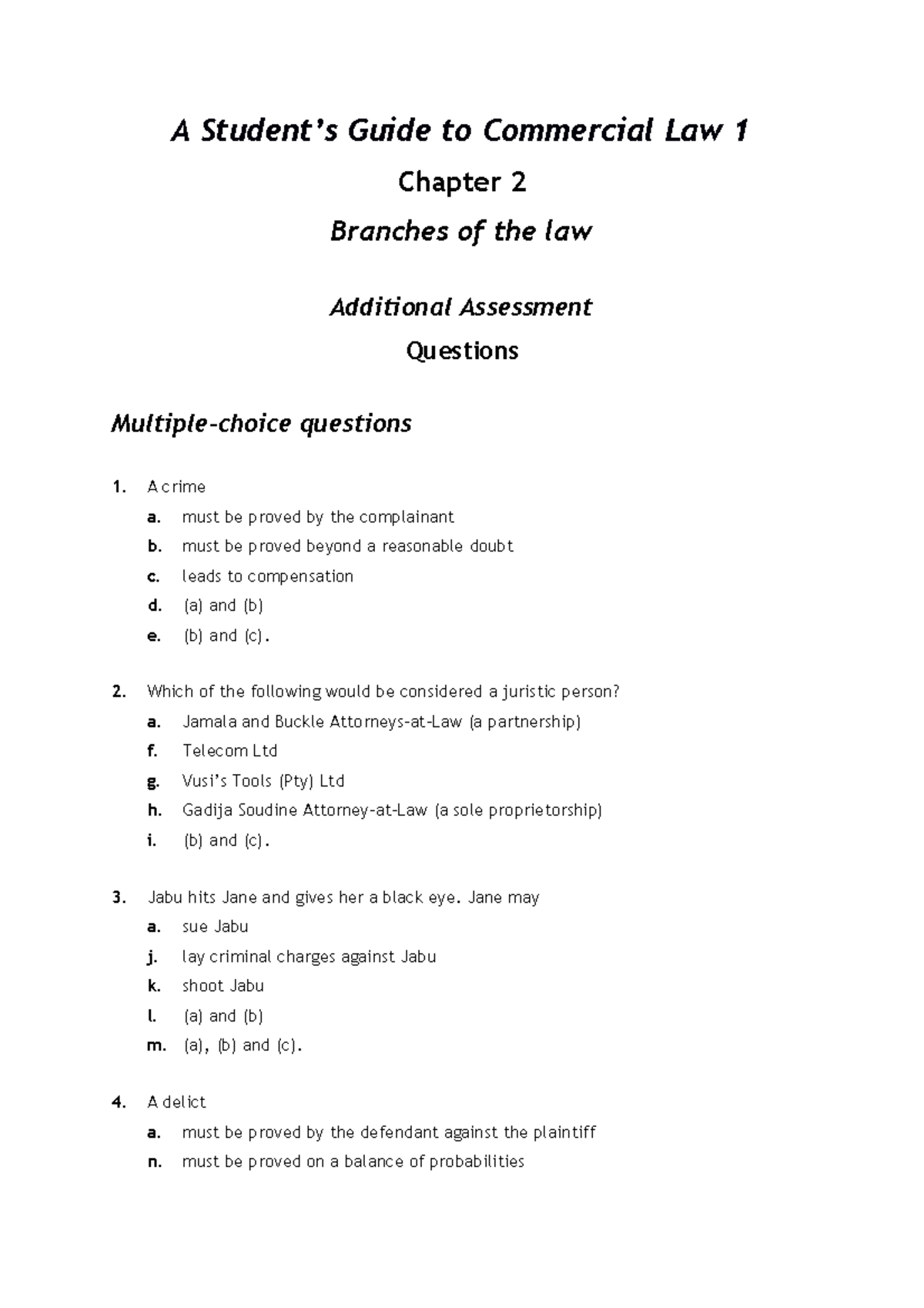 Commercial Law 1: Chapter 2 Assessment Questions & MCQs Guide - Studocu