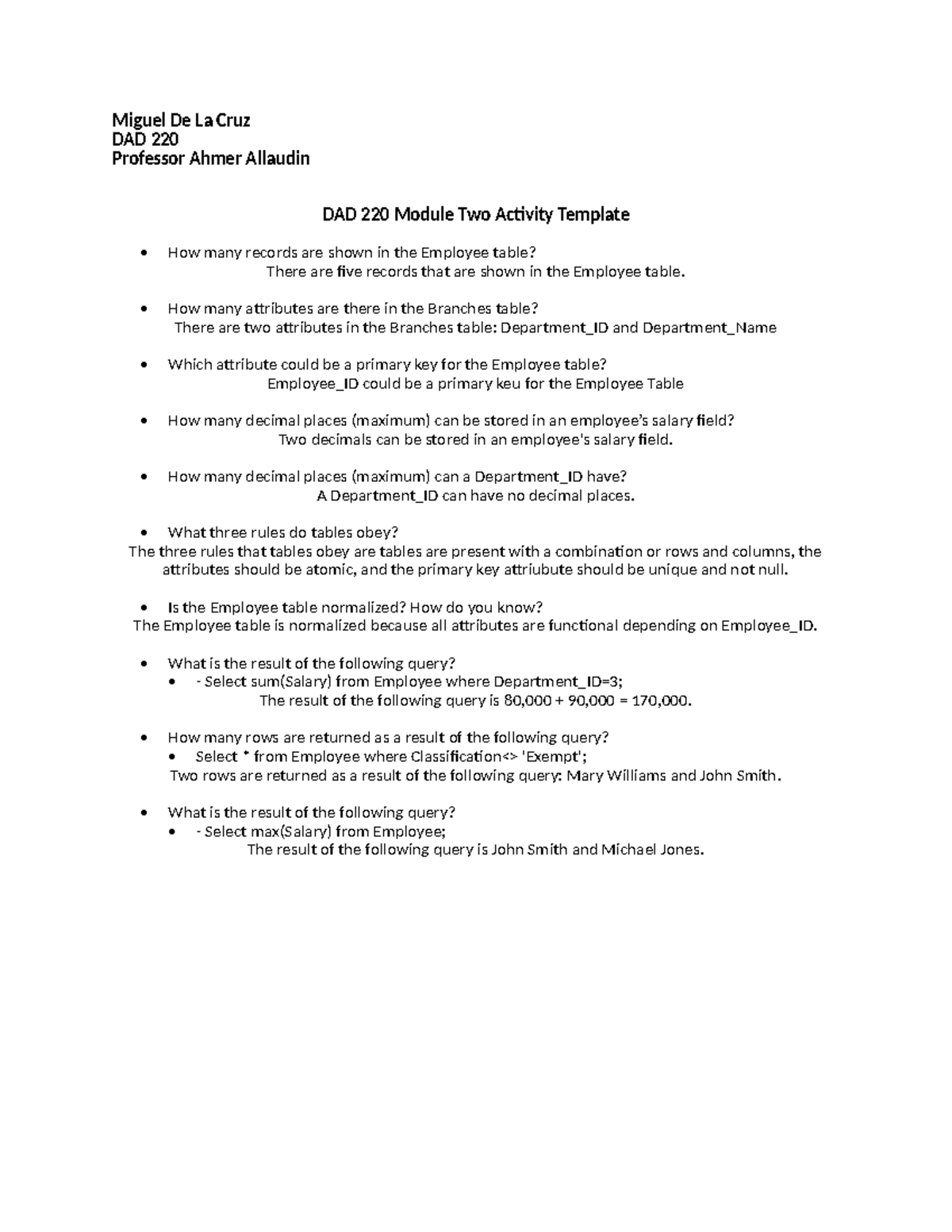 Dad 220 Module Two Activity • How Many Attributes Are There In The Branches Table There Are