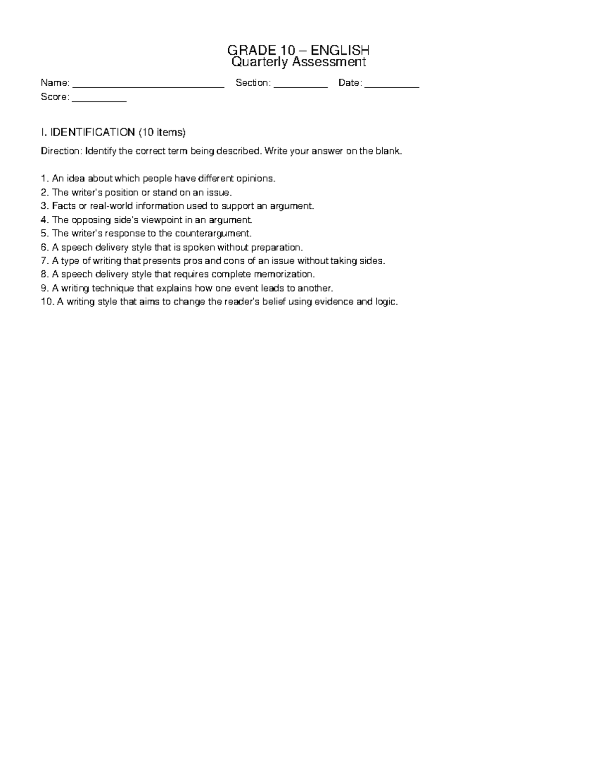 GRADE 10 ENGLISH Quarterly Assessment Test Paper - Studocu