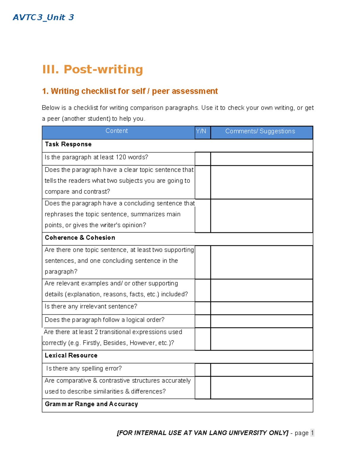AVTC3 Unit 3 Comparison Paragraph Writing Checklist Guide - Studocu