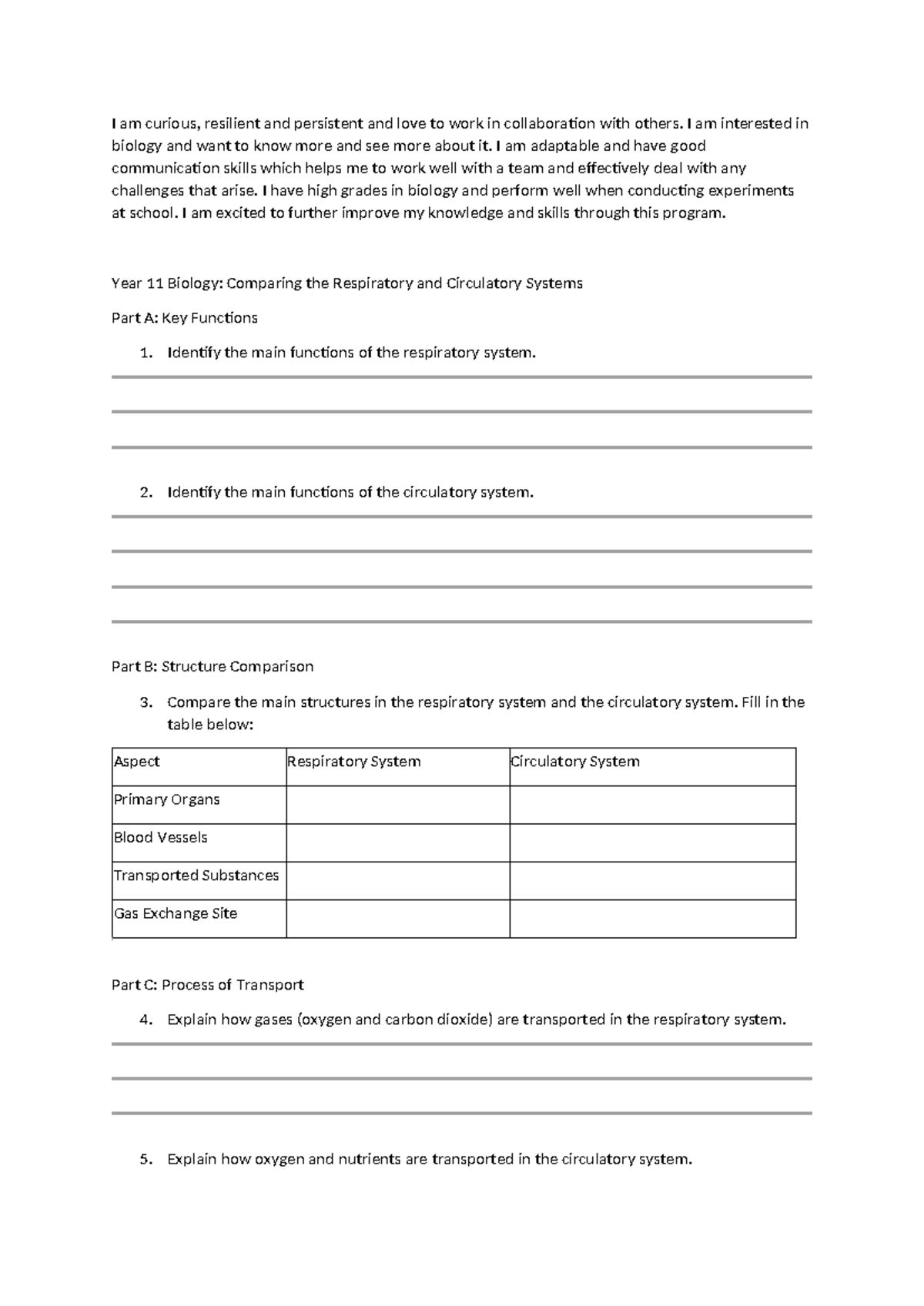 Year 11 Biology: Compare Respiratory & Circulatory Systems Worksheet ...