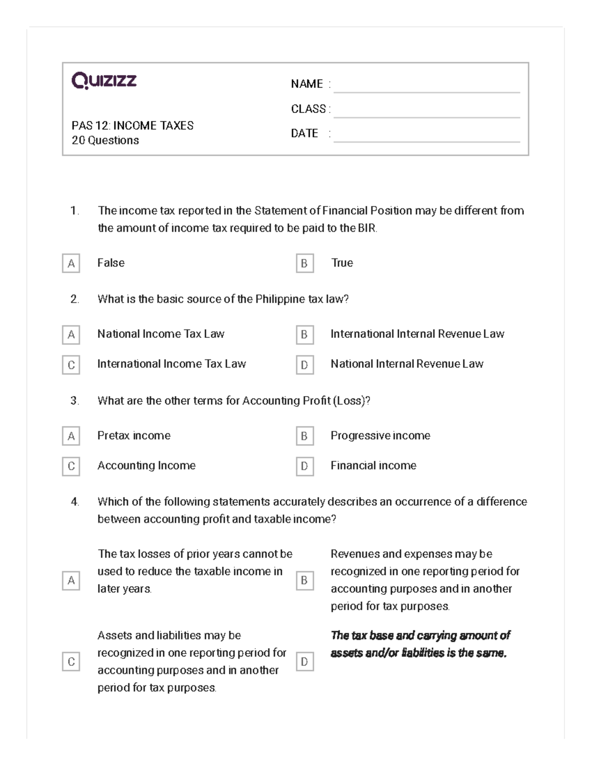 PAS12 MCQ2 - Income Taxes Practice Questions and Answers - Studocu